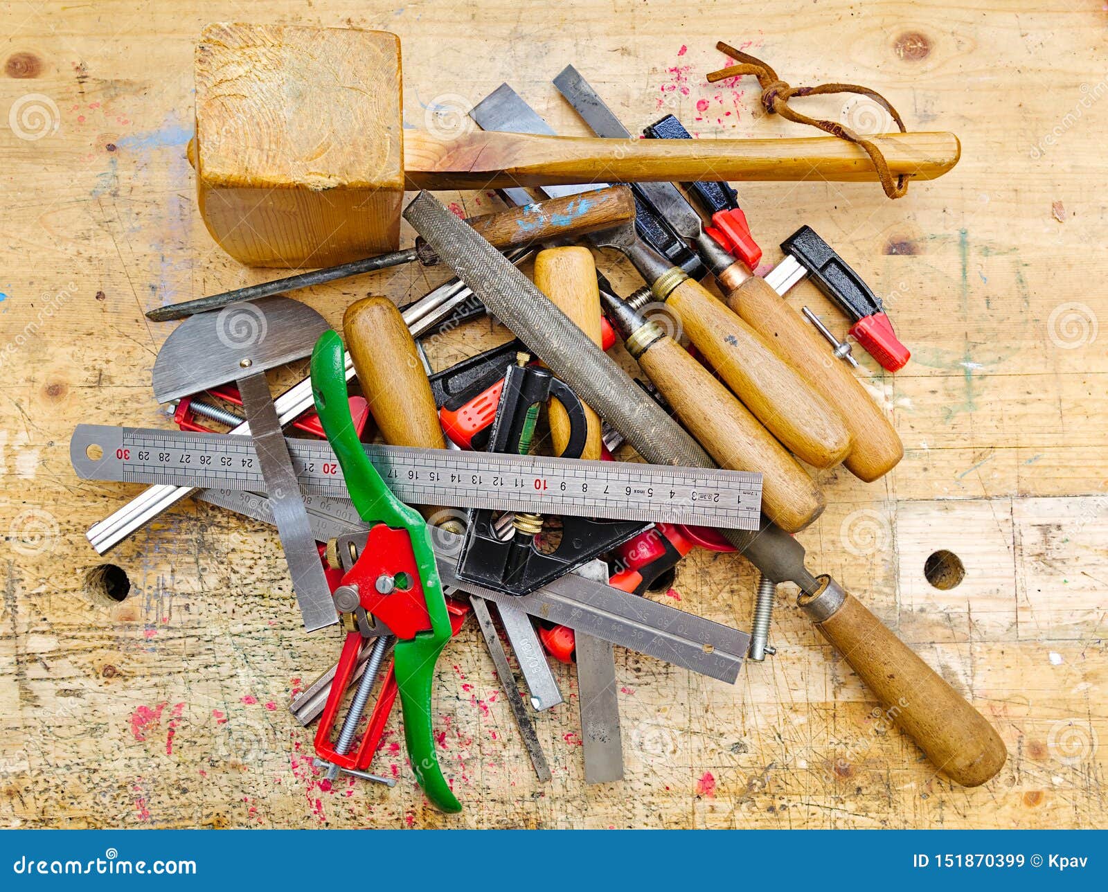 Various Woodworking Hand Tools on Workbench Stock Image - Image of ...