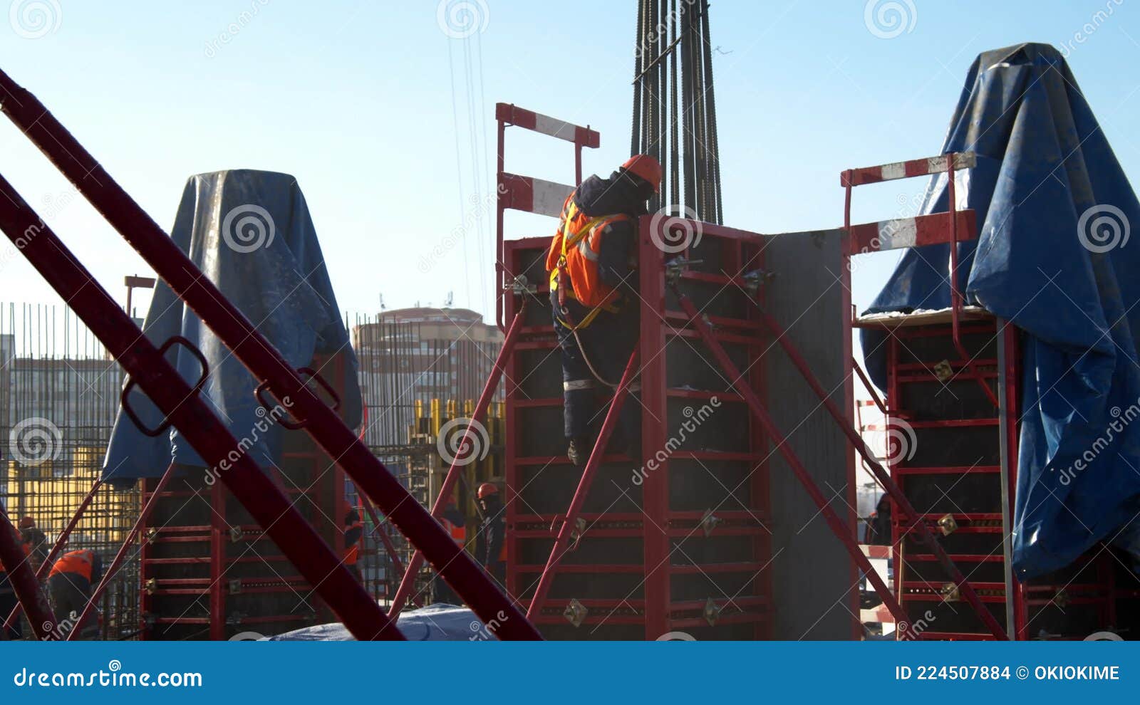 Various Work Scenes during Day at Stadium Construction Site Stock ...