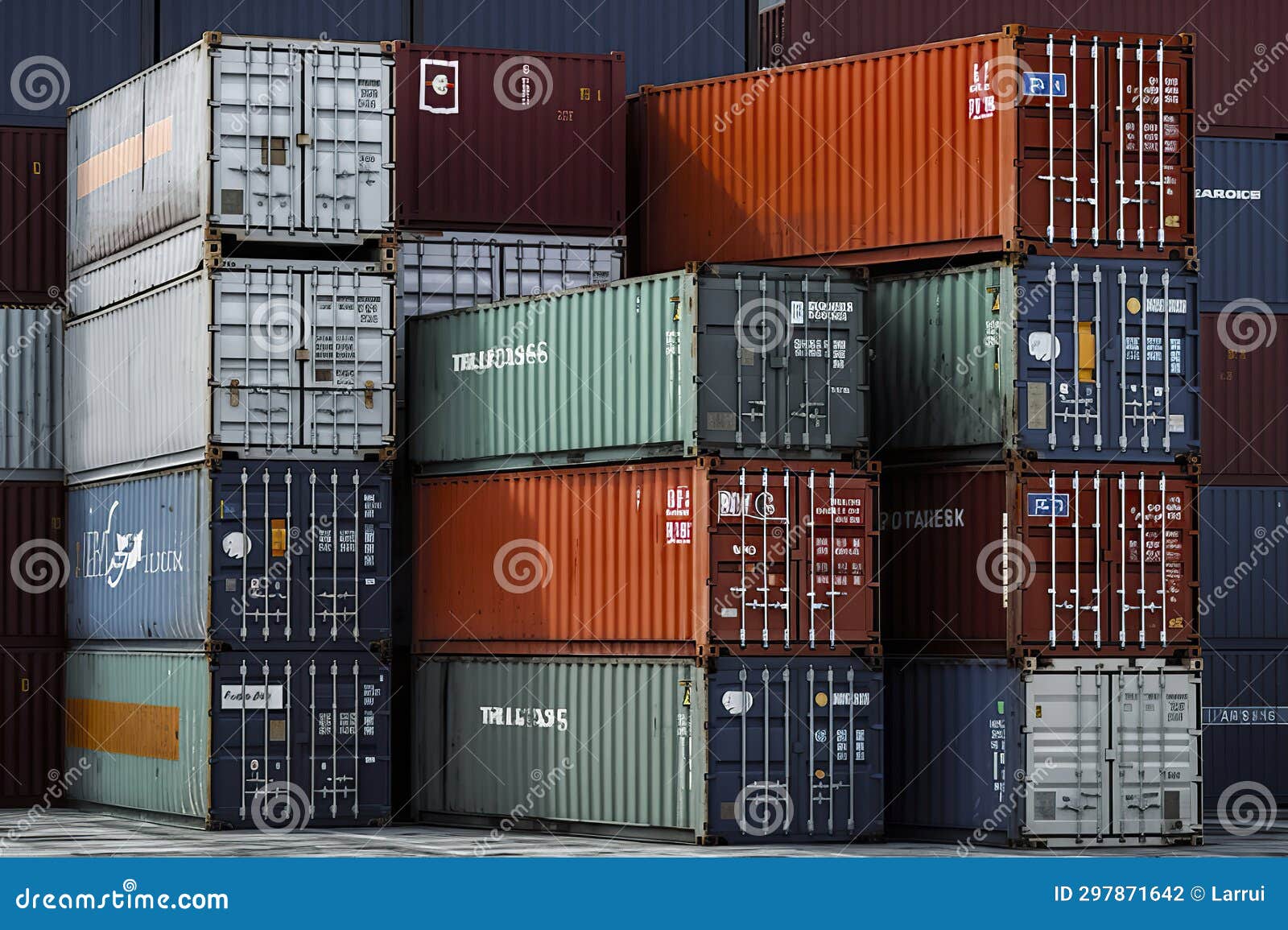 Variously Colored and Sized Shipping Containers Stacked Haphazardly, Ai ...