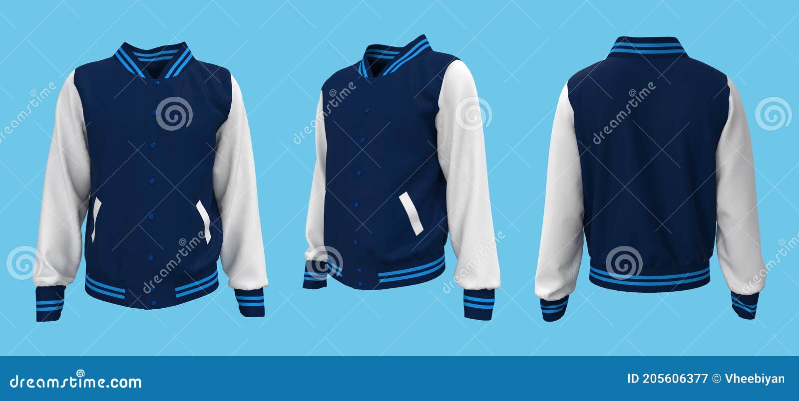 Varsity Jacket Mockup in Front, Side and Back Views. Stock Illustration ...