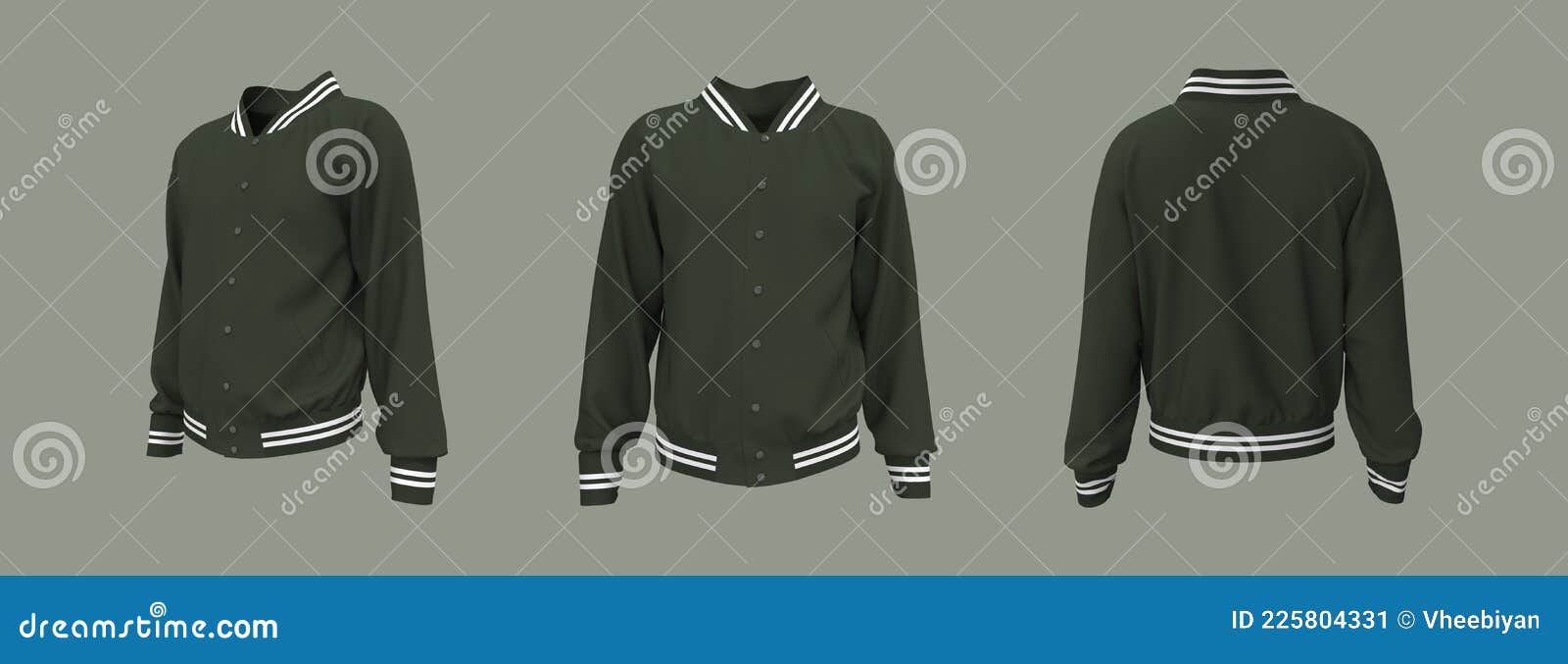 Varsity Jacket Mockup in Front, Side and Back Views Stock Illustration ...