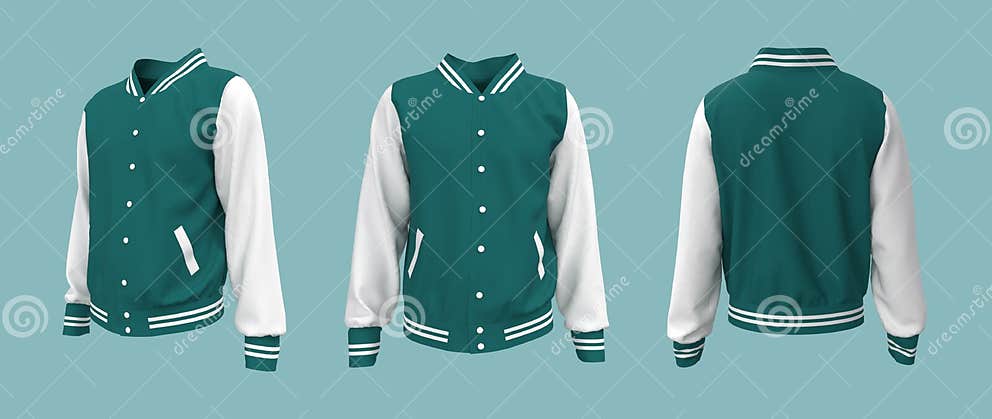 Varsity Jacket Mockup in Front, Side and Back Views Stock Illustration ...