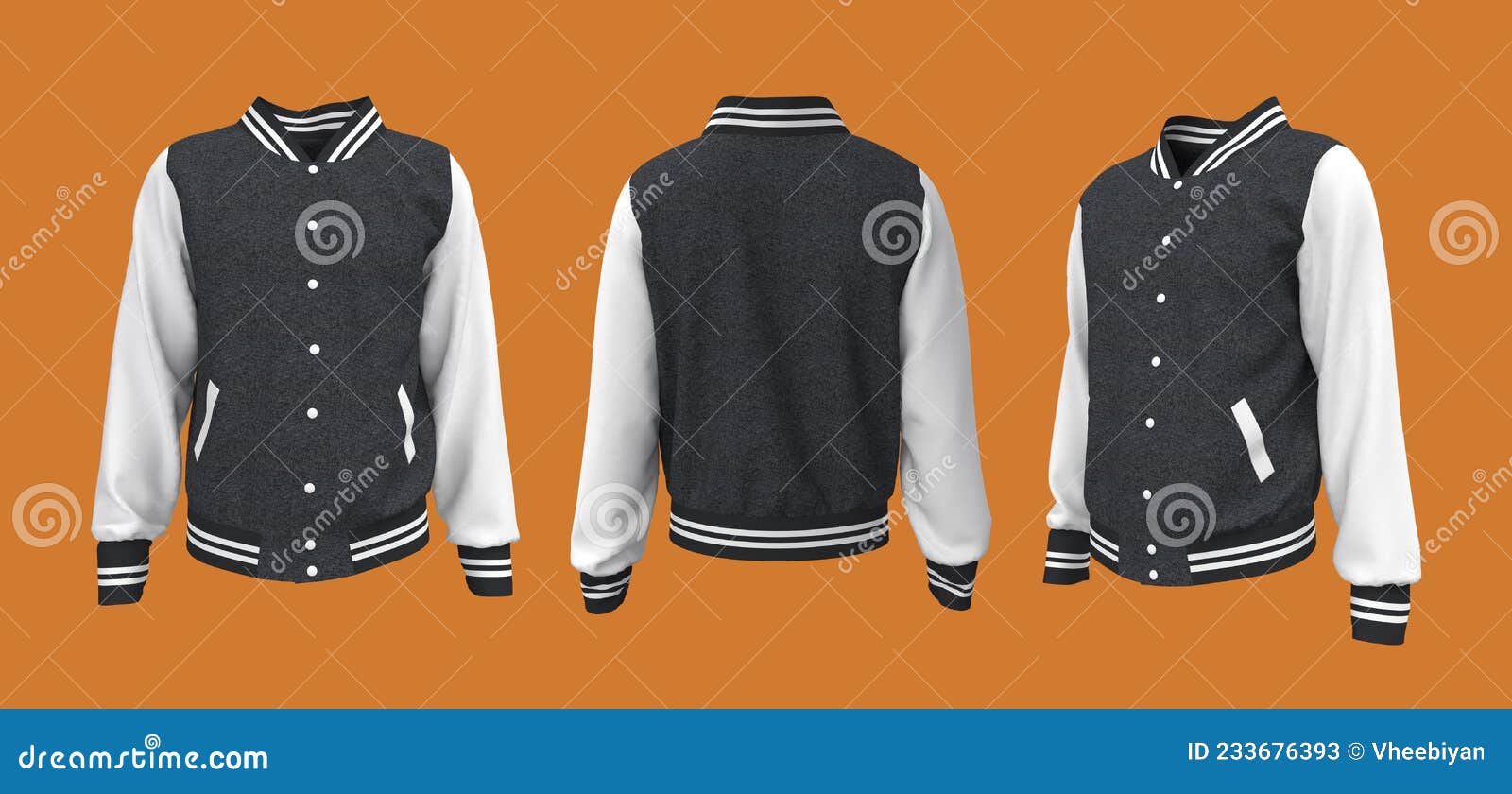 Varsity Jacket Mockup in Front, Side and Back Views Stock Illustration ...