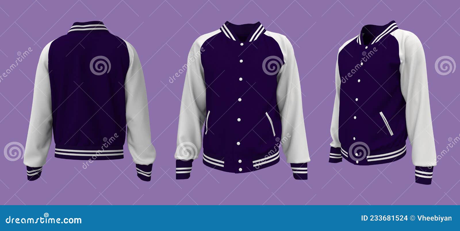 Varsity Jacket Mockup in Front, Side and Back Views Stock Illustration ...