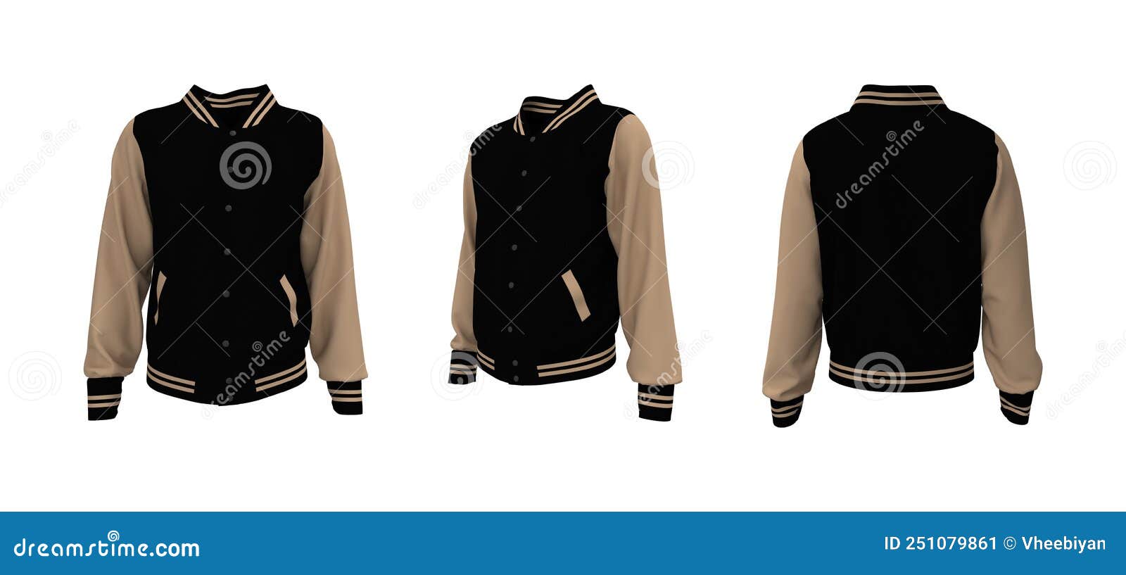 Varsity Jacket Mockup in Front, Side and Back Views. 3d Illustration ...