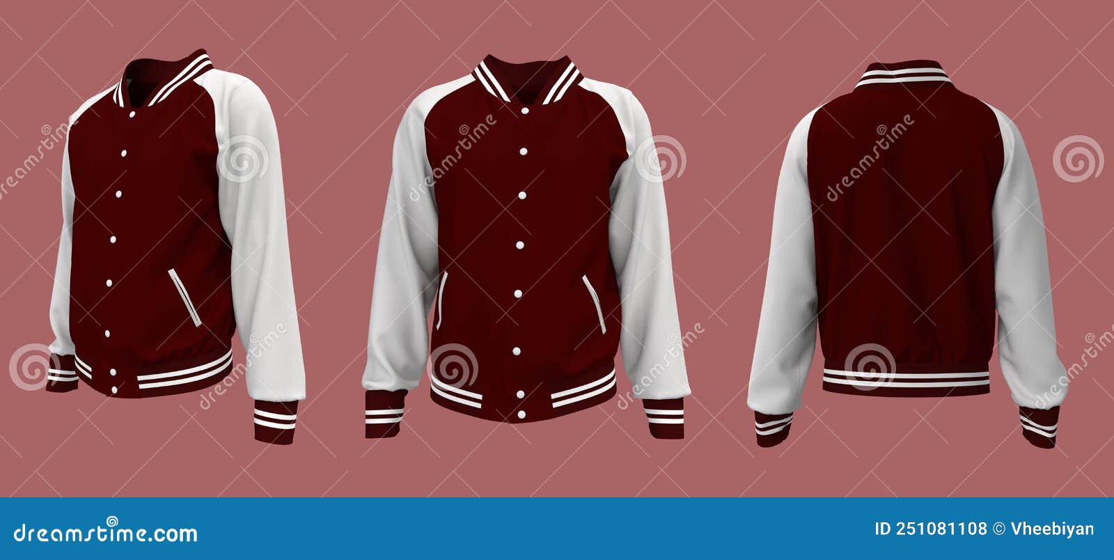 Varsity Jacket Mockup in Front, Side and Back Views. 3d Illustration ...