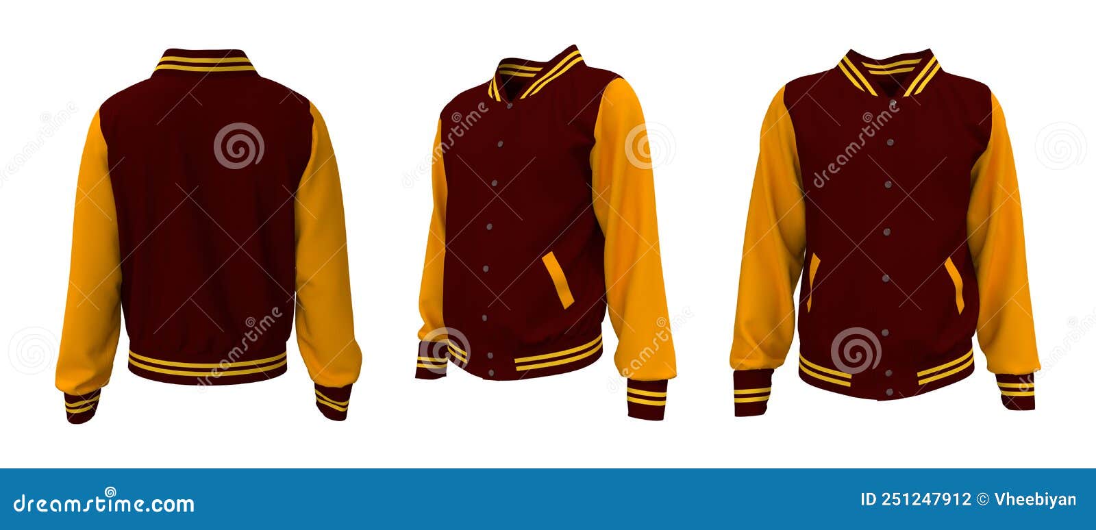 Varsity Jacket Mockup in Front, Side and Back Views. 3d Illustration ...
