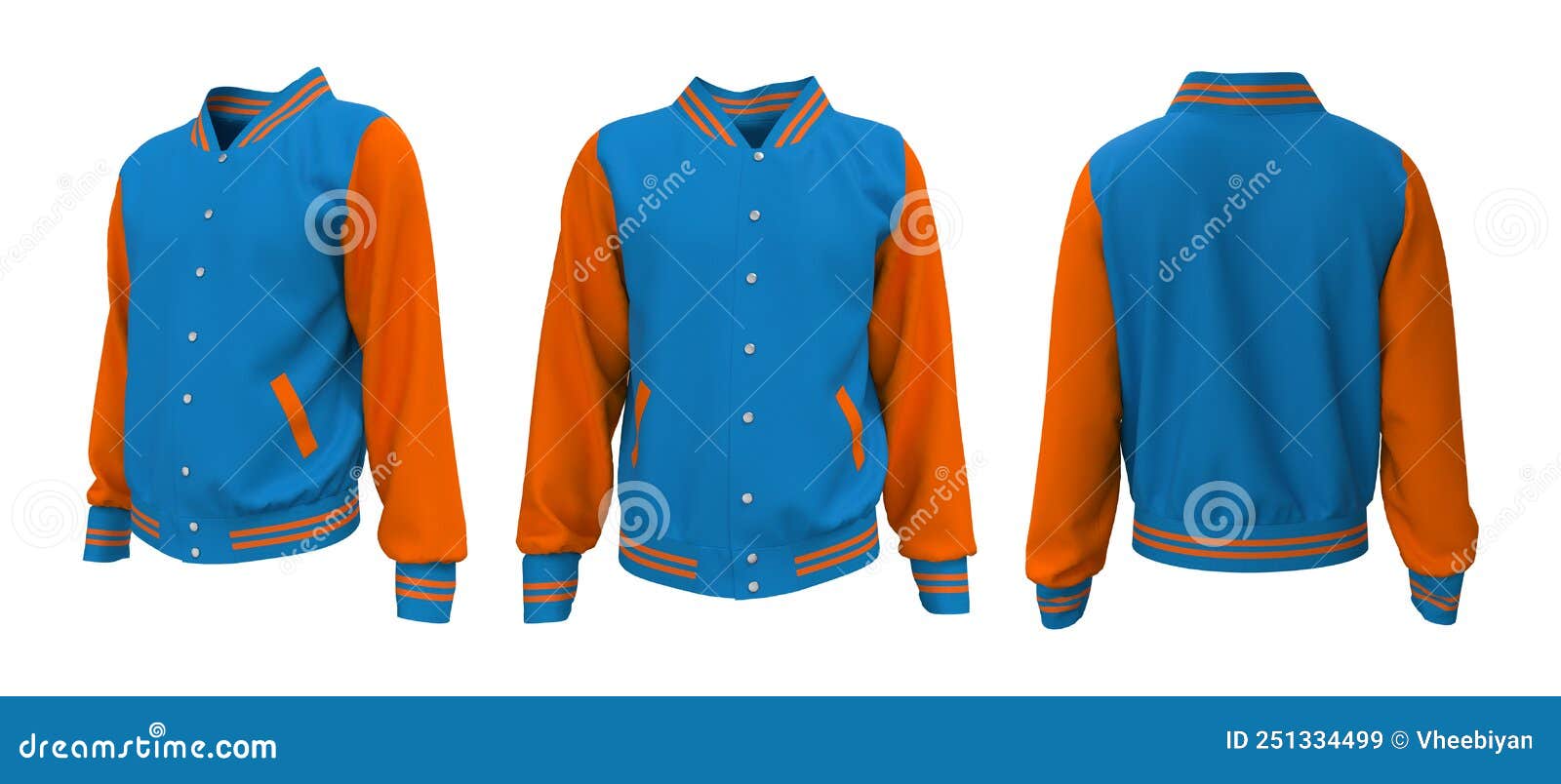 Varsity Jacket Mockup in Front, Side and Back Views. 3d Illustration ...