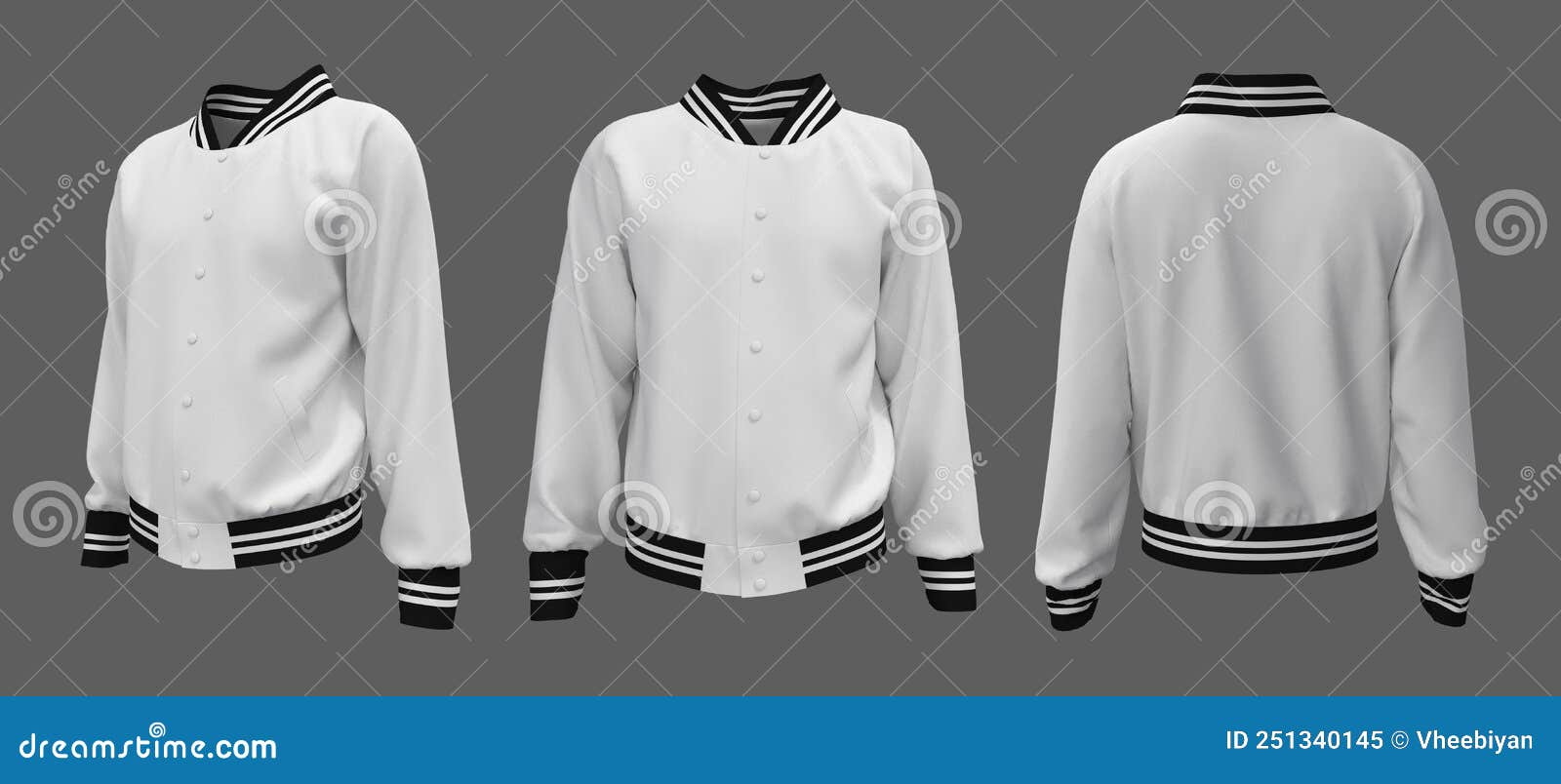 Varsity Jacket Mockup in Front, Side and Back Views. 3d Illustration ...
