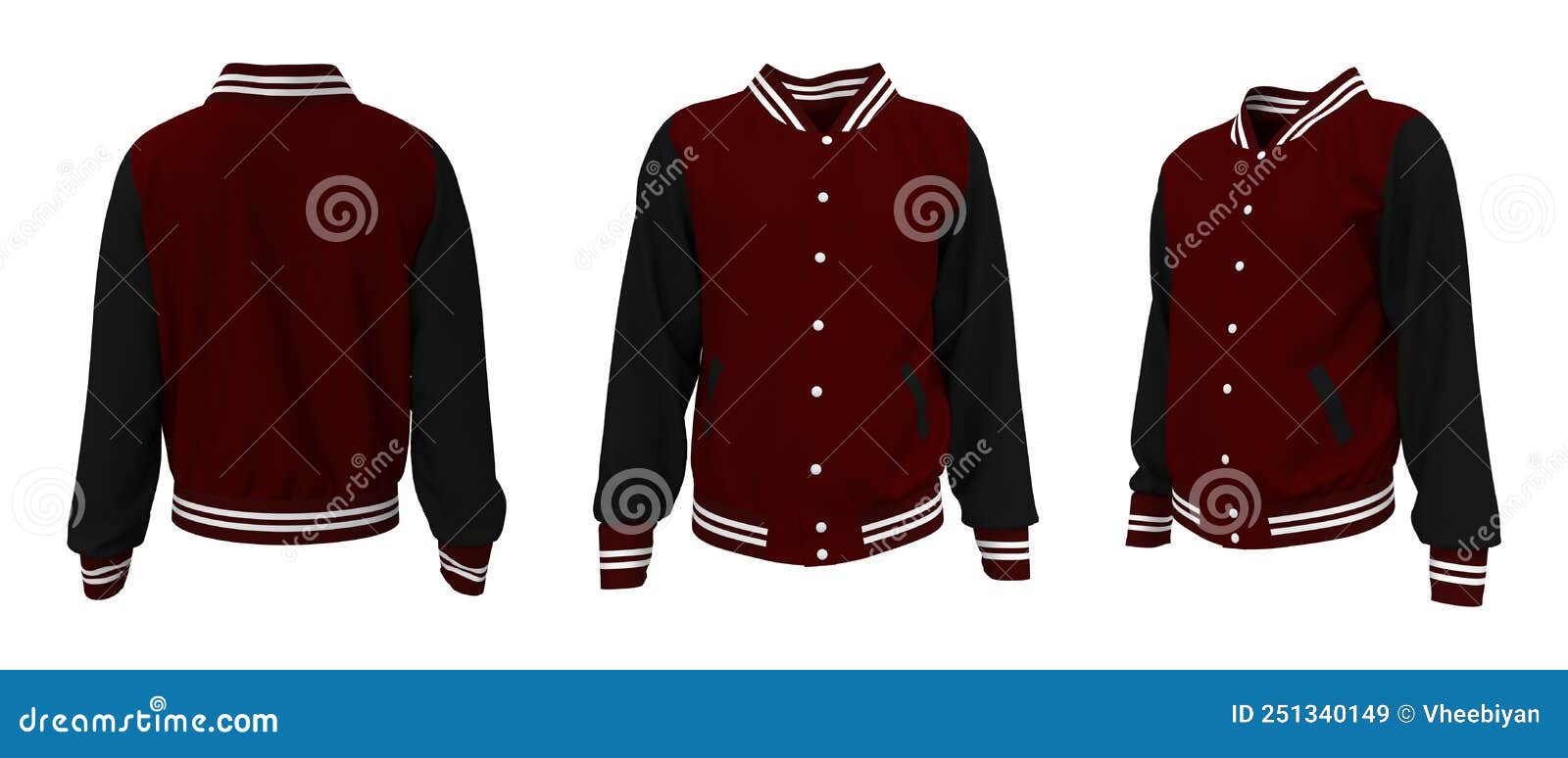 Varsity Jacket Mockup in Front, Side and Back Views. 3d Illustration ...