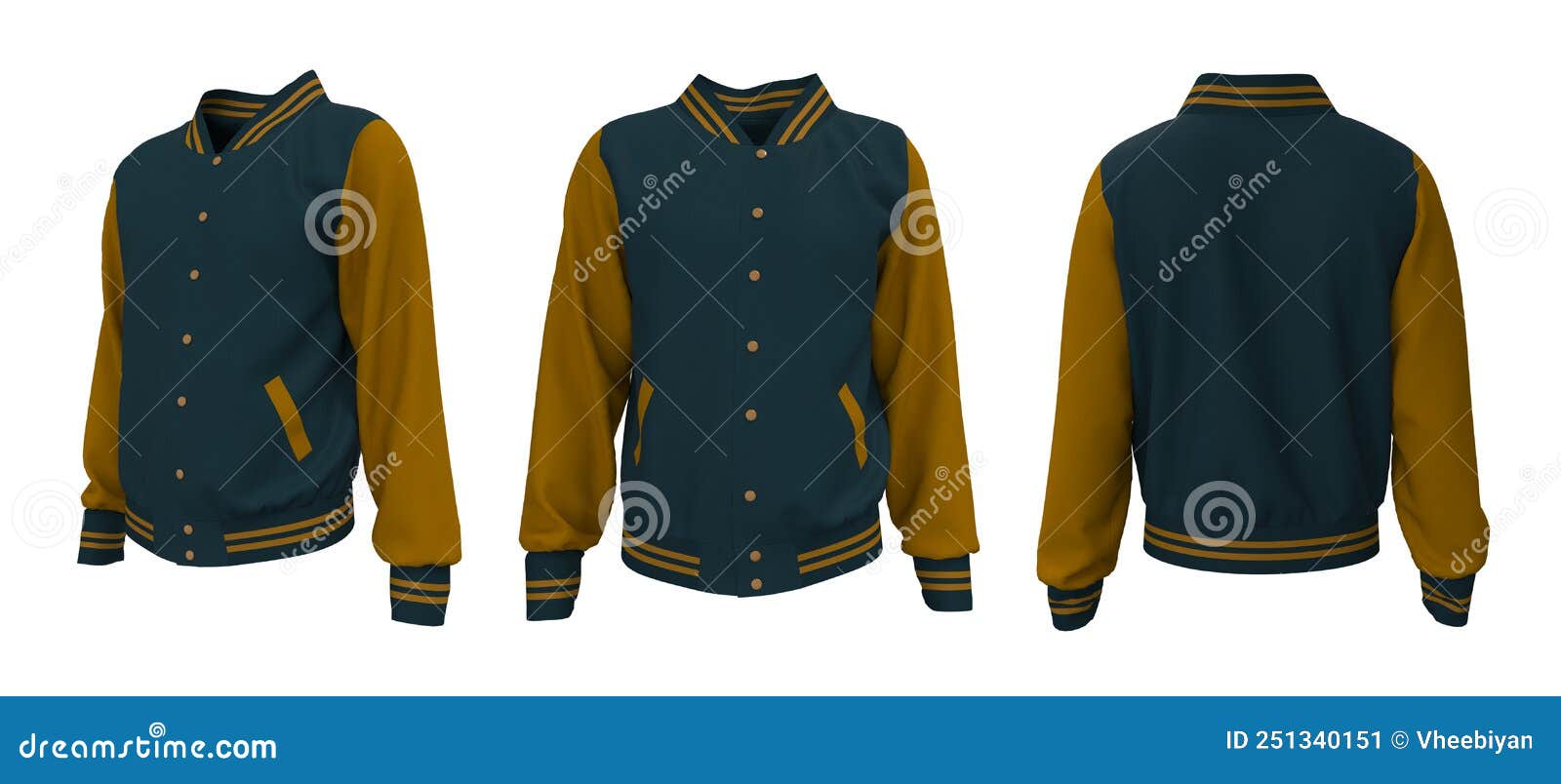 Varsity Jacket Mockup in Front, Side and Back Views. 3d Illustration ...