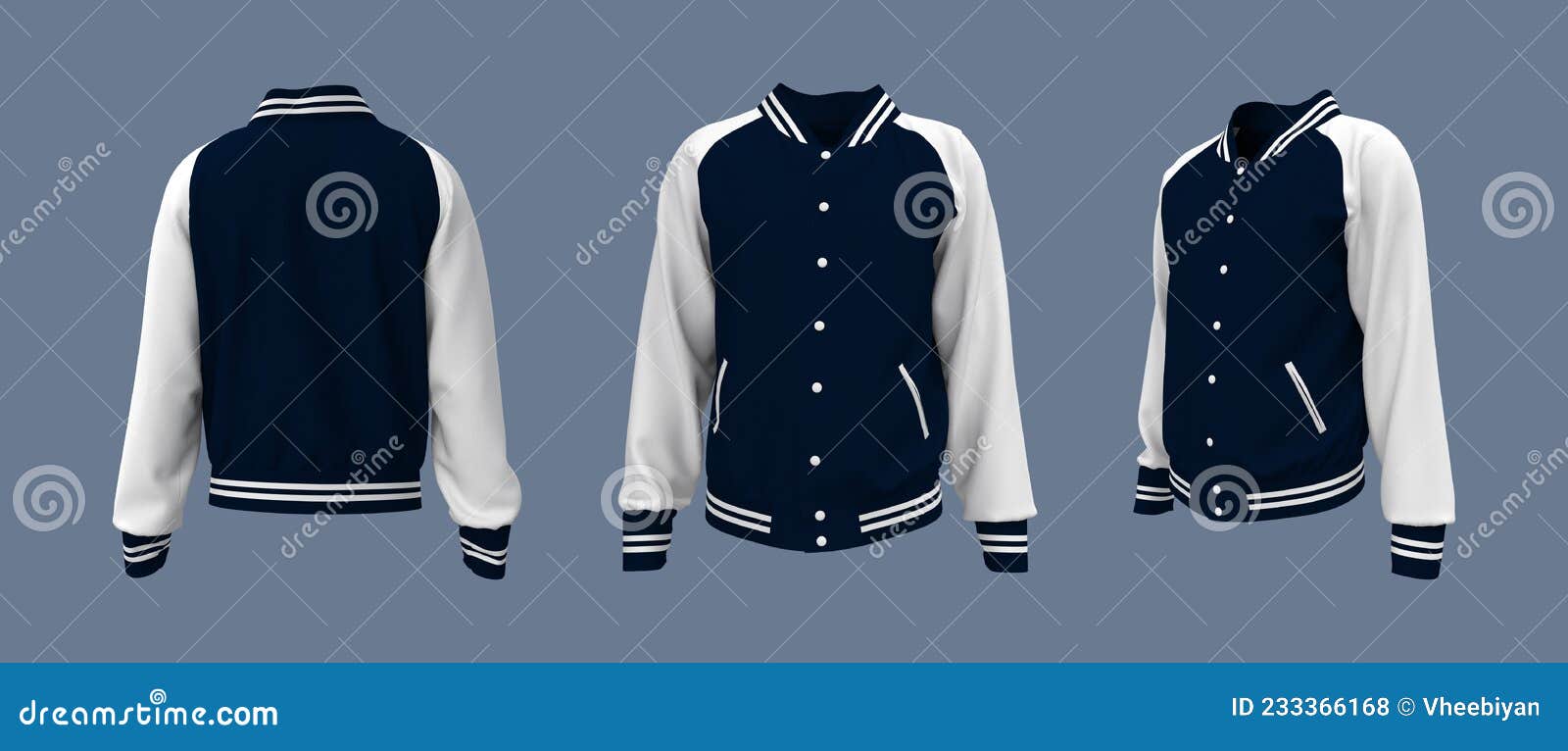 Varsity Jacket Mockup in Front, Side and Back Views Stock Illustration ...