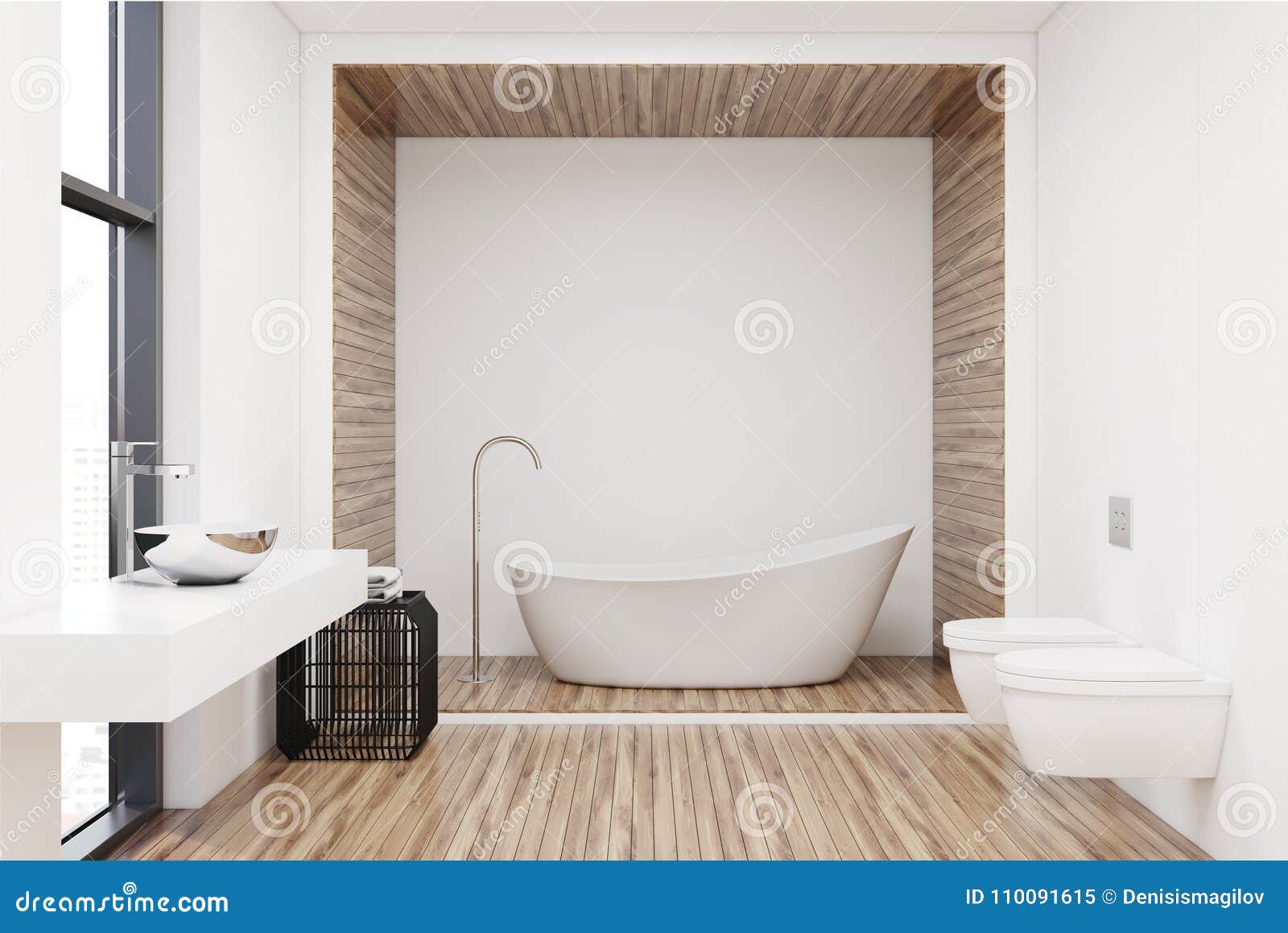 Vasca Bianca in Un Bagno Bianco E Di Legno Illustrazione di Stock ...