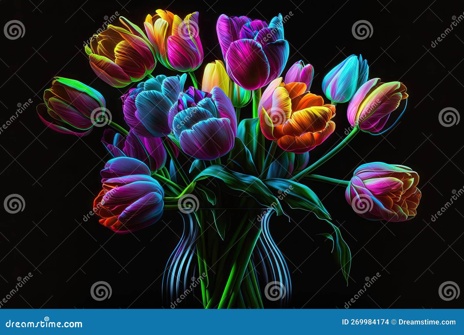 Vase with Colorful Neon Tulips. Generative AI Stock Illustration ...