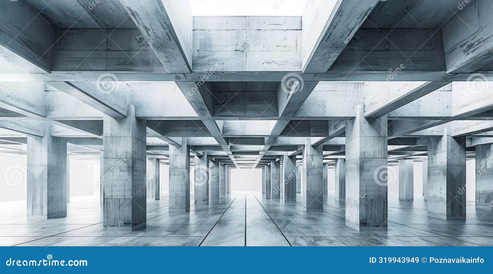 A Vast, Desolate Parking Garage with Numerous Cement Pillars and Beams ...