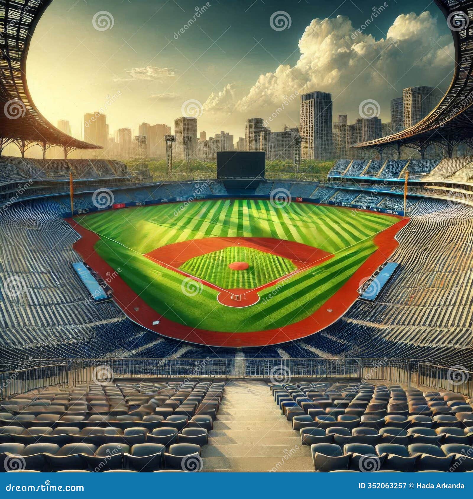 Vast Empty Baseball Stadium Featuring Seating and Well-maintained Grass ...