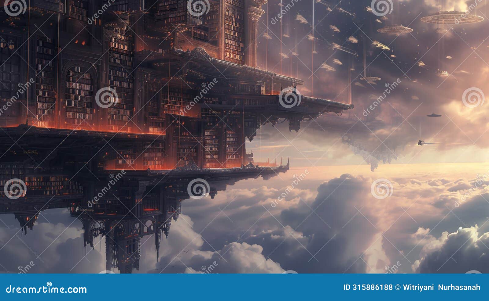 A Vast Library Suspended in the Clouds within a Floating Citadel ...