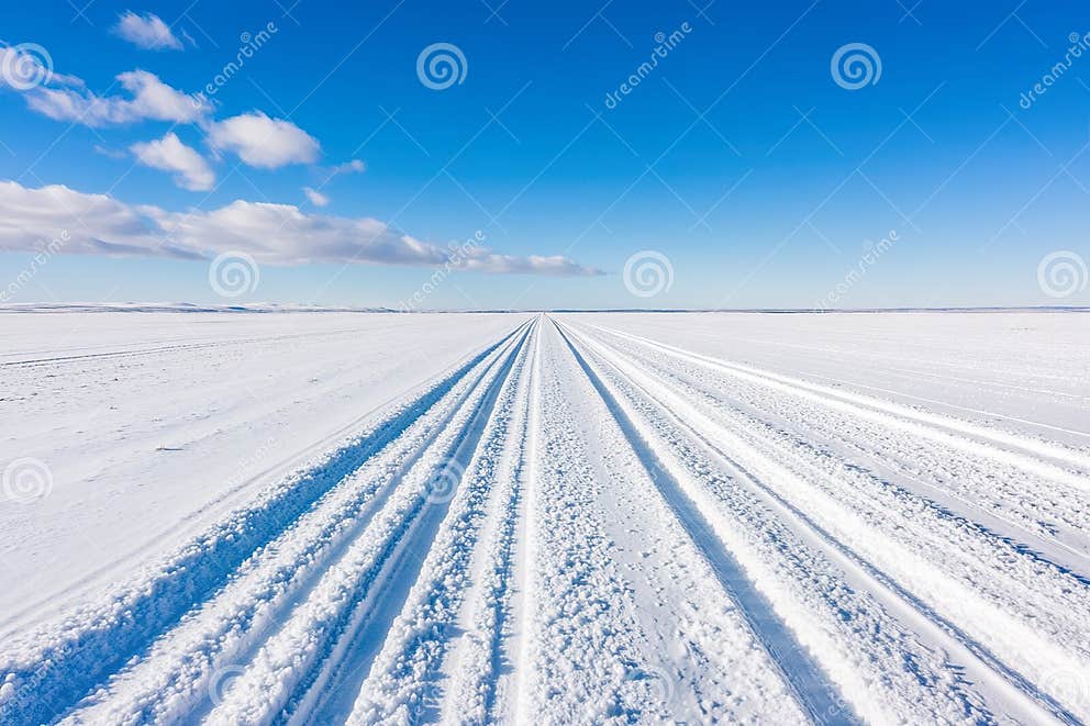Vast Snow Covered Road Extending into Clear Blue Sky with Sparse Clouds ...