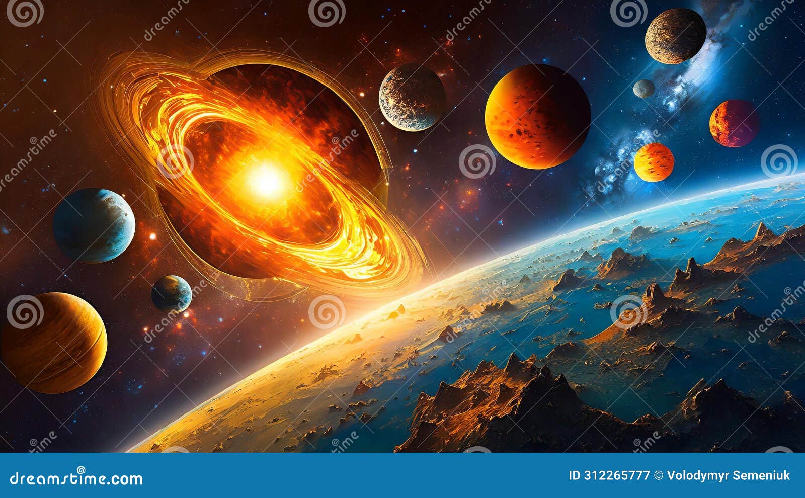 Vast Solar System with Planets in Background Stock Illustration ...