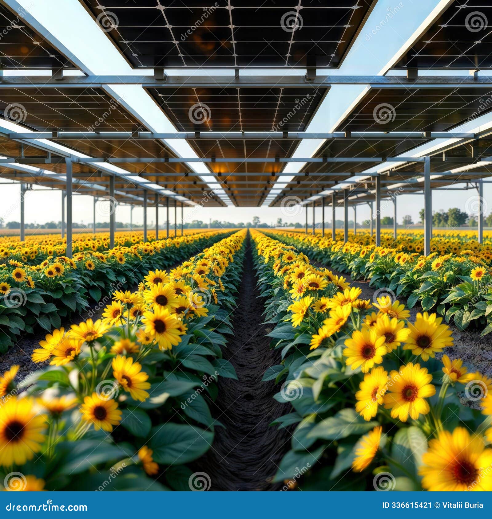 Vast Sunflower Field Thrives Beneath Elevated Solar Panels, Generative ...