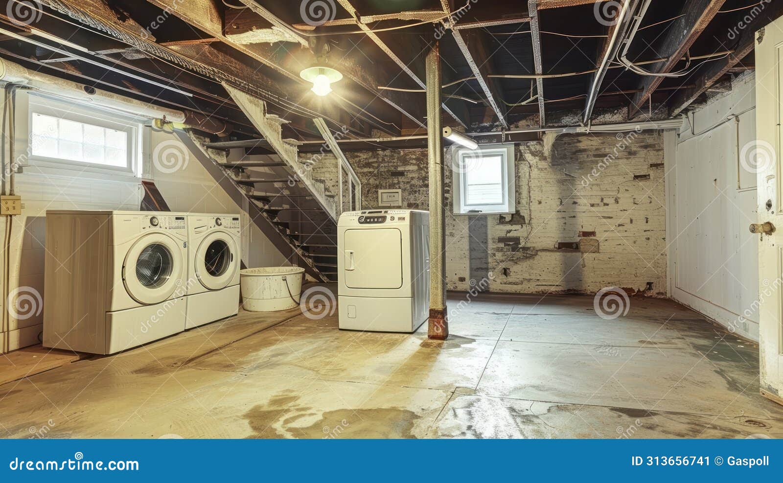 A Vast, Unoccupied Basement Houses a Laundry Section, Blending Utility ...