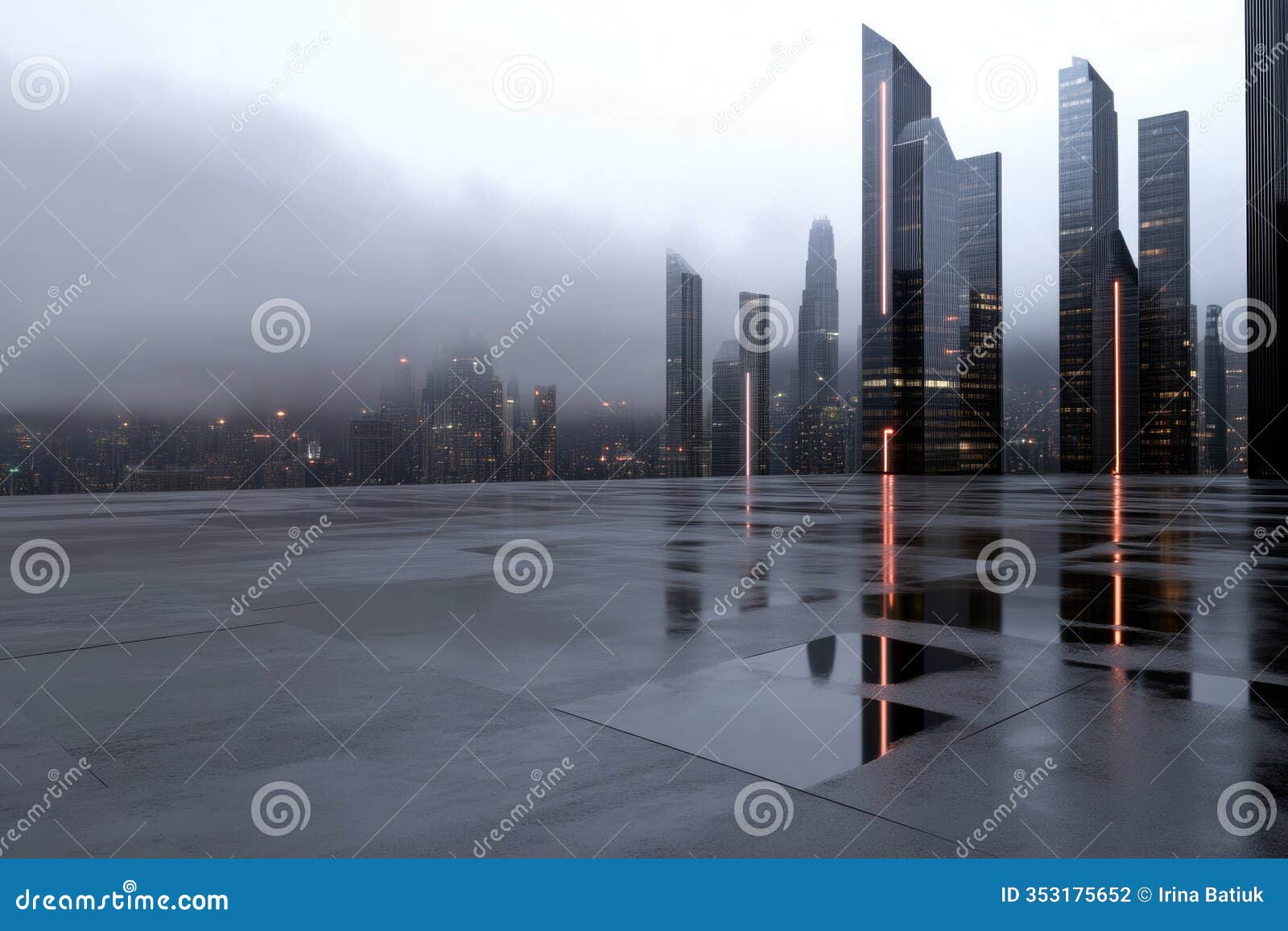 A Vast Urban Environment Features Tall Buildings Shrouded in Clouds ...