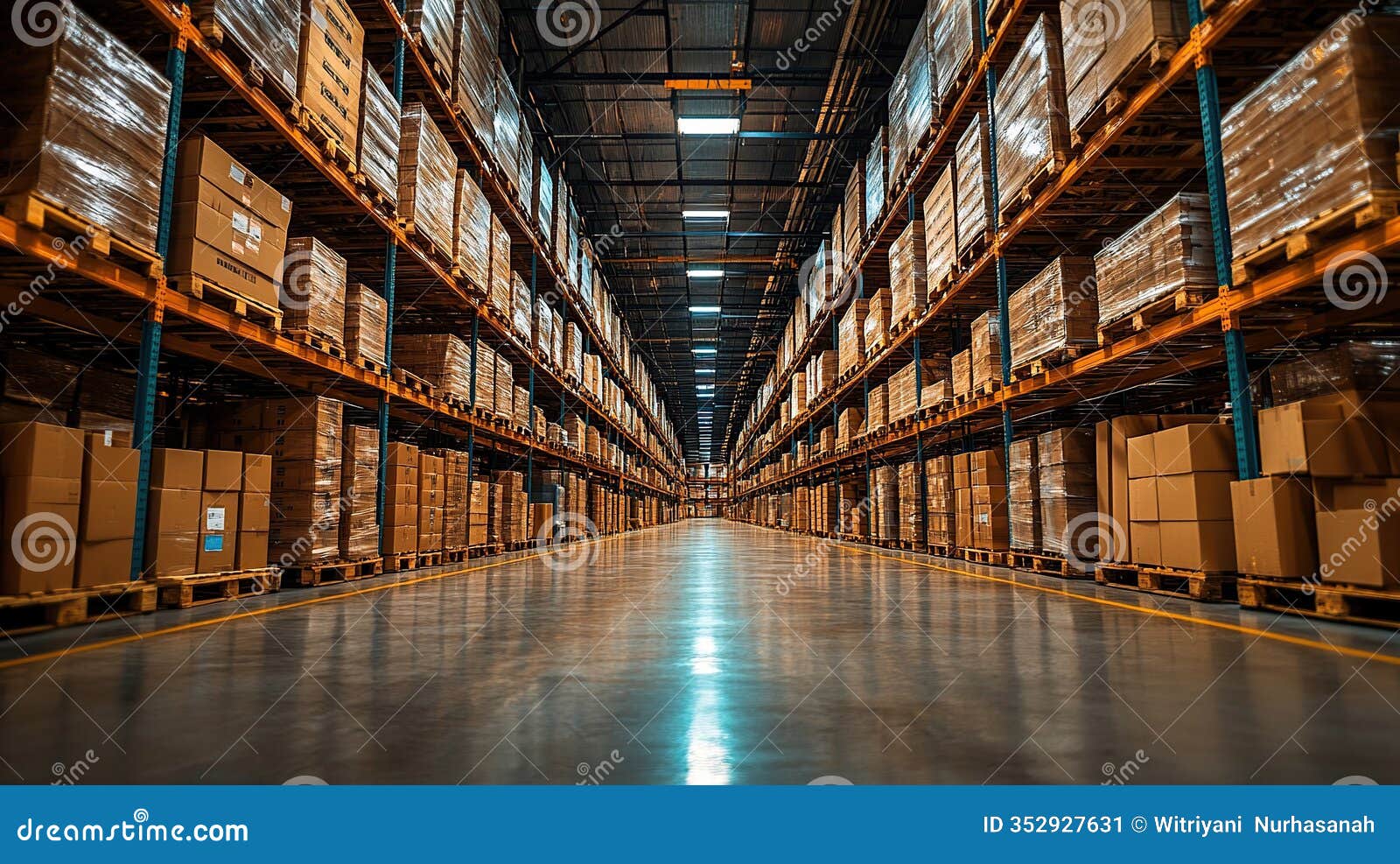 Vast Warehouse Aisle with High Shelves Stocked with Cardboard Boxes ...