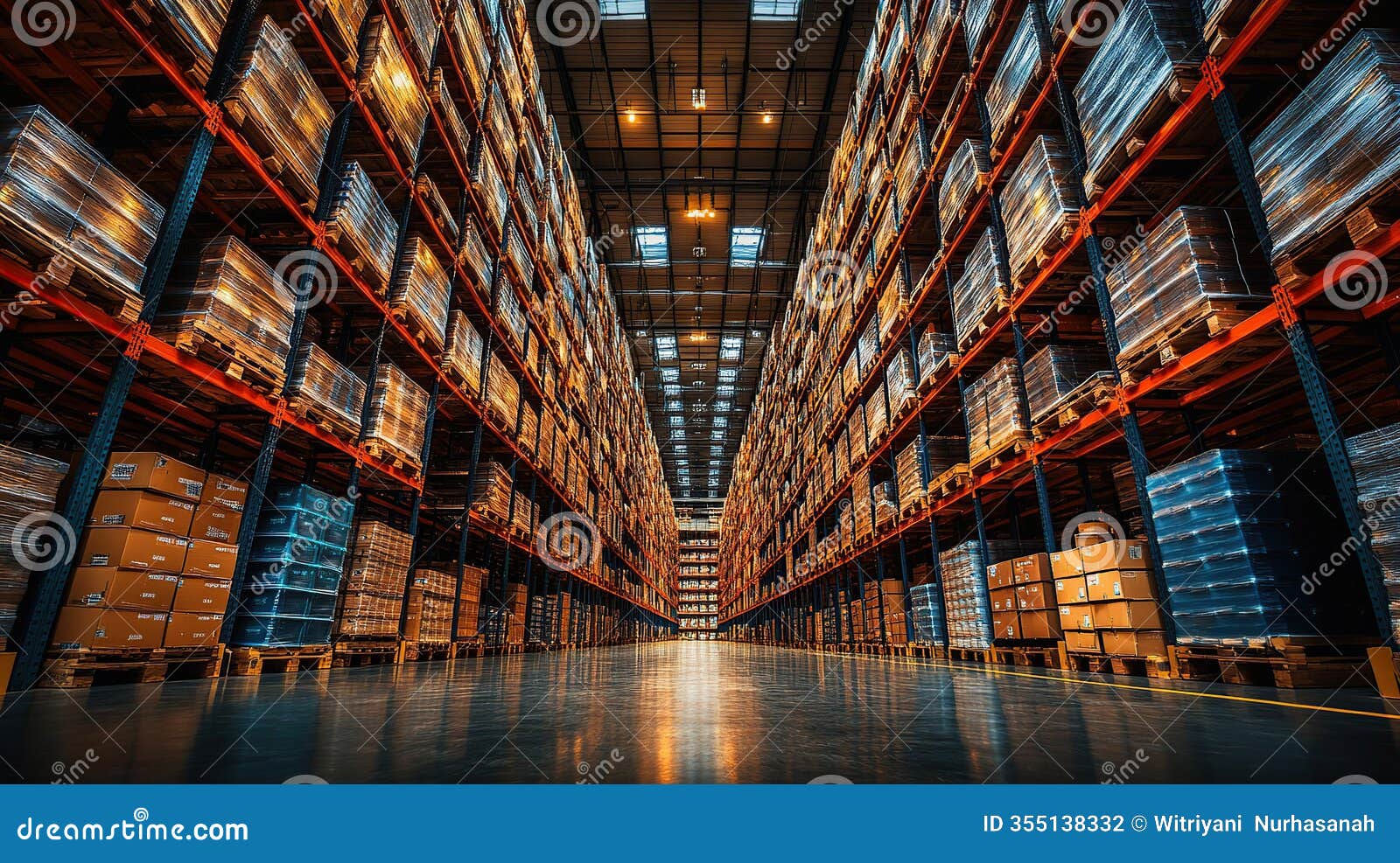 Vast Warehouse With Orange Forklift, Dim Lighting, Shelves Royalty-Free ...