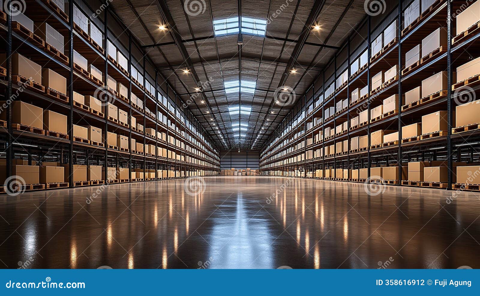 Vast Warehouse With Orange Forklift, Dim Lighting, Shelves Royalty-Free ...