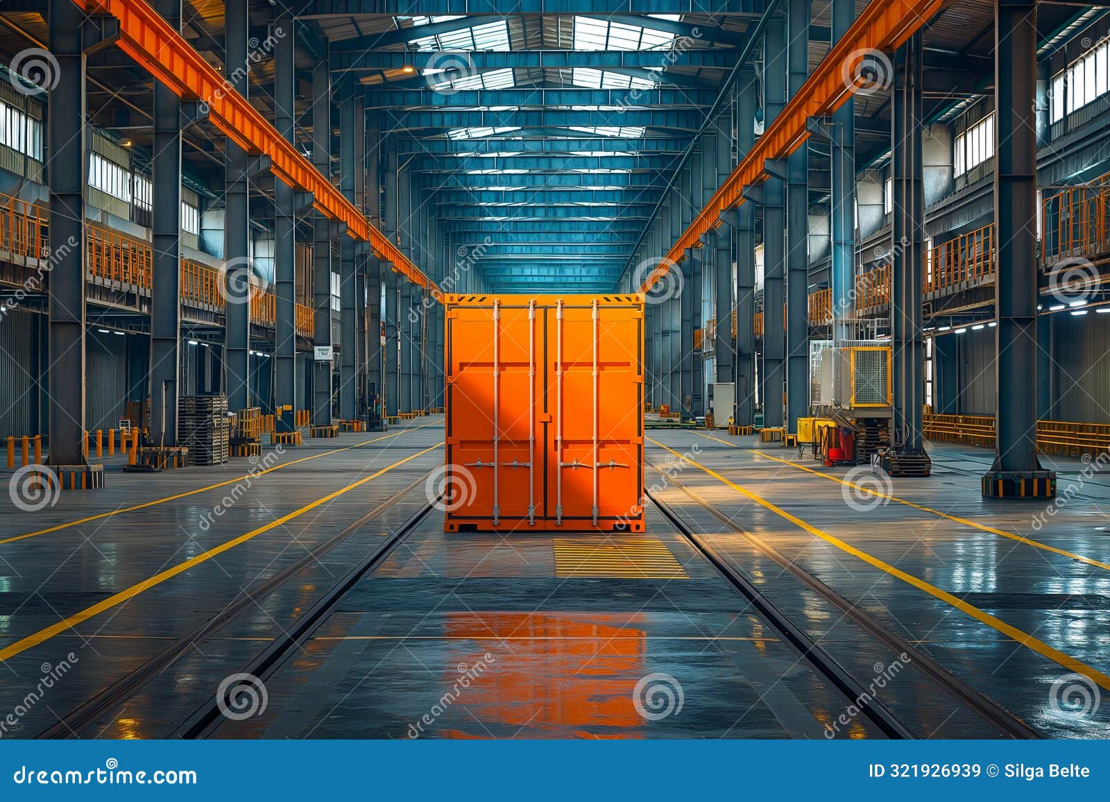 A Vast Warehouse with Tall Orange Containers Illuminated by Artificial ...
