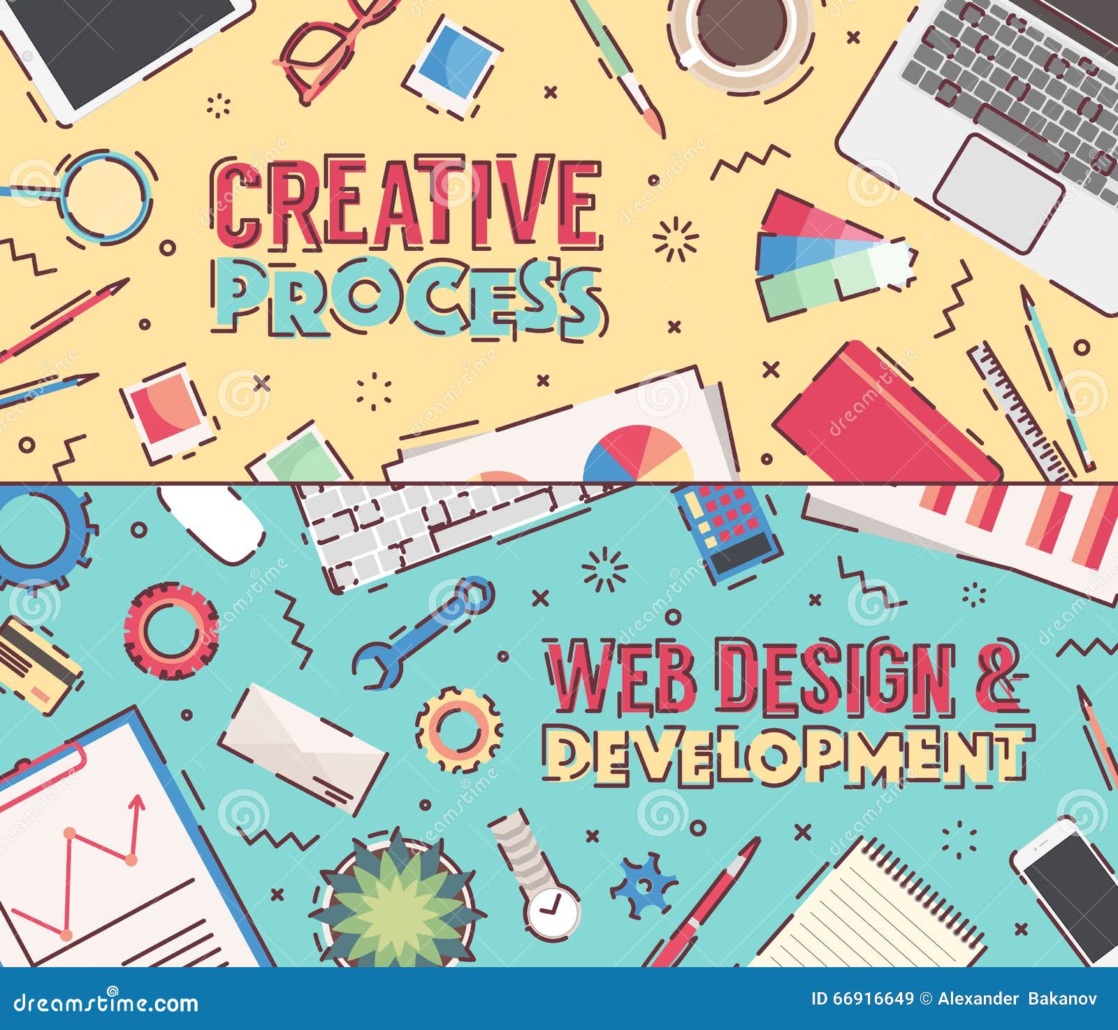 Vastgesteld Vlak Vector Het Webontwerp Van Het Bureau Creatief Proces ...