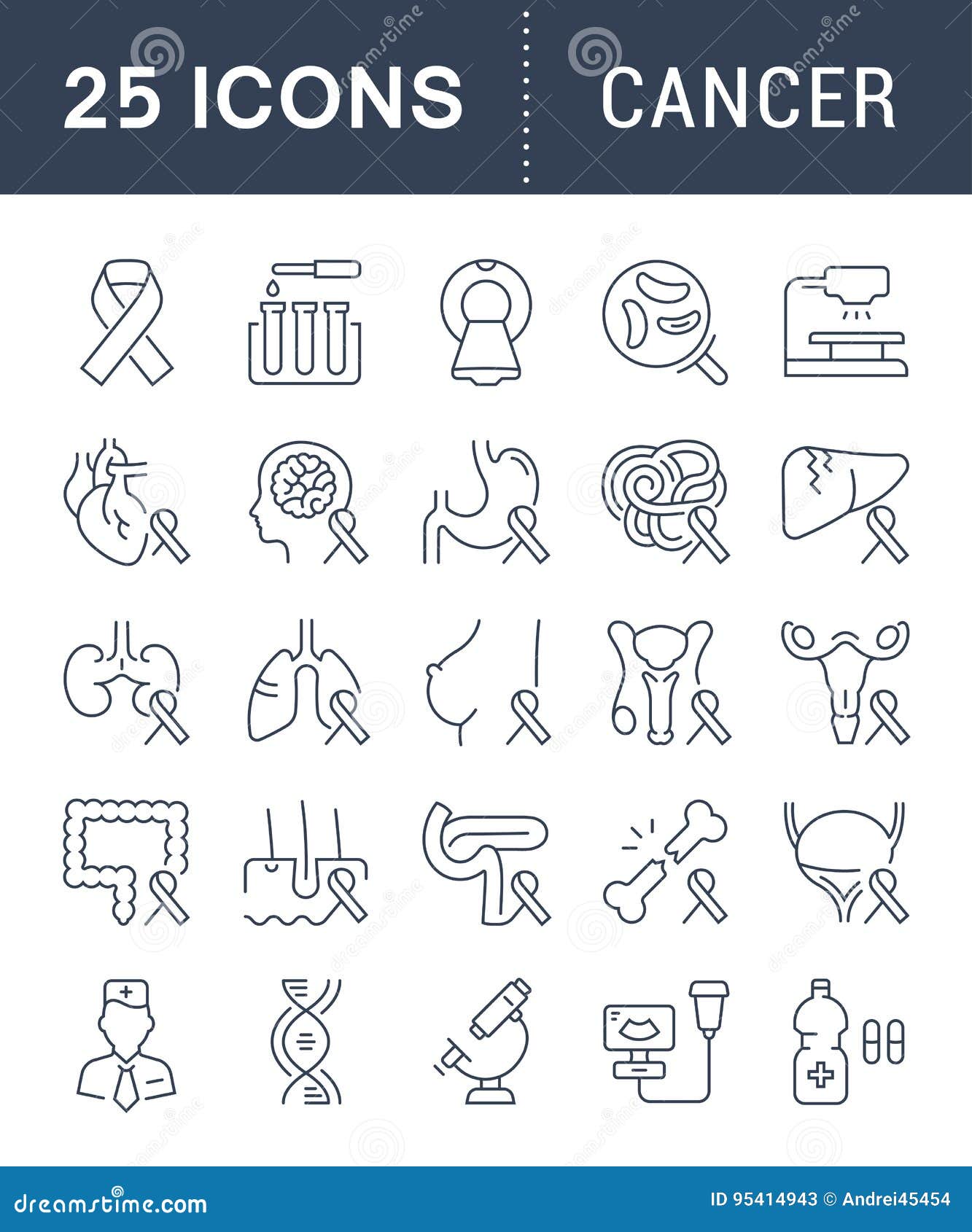 Vastgestelde Vector Vlakke Kanker Van Lijnpictogrammen Stock ...