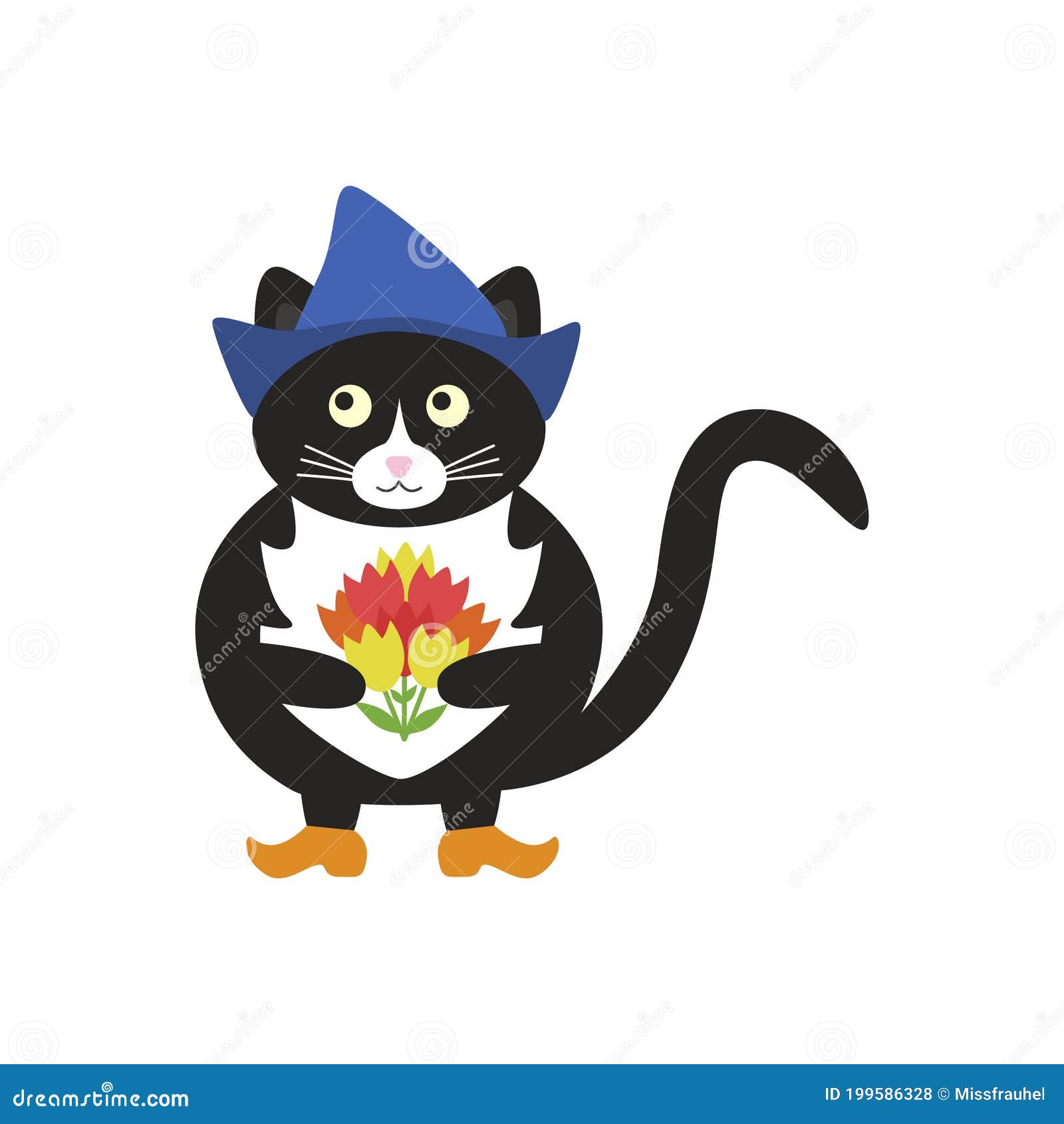 Cute Dutch Black Cat in a Blue Hat, Orange Shoes and a Bouquet of ...
