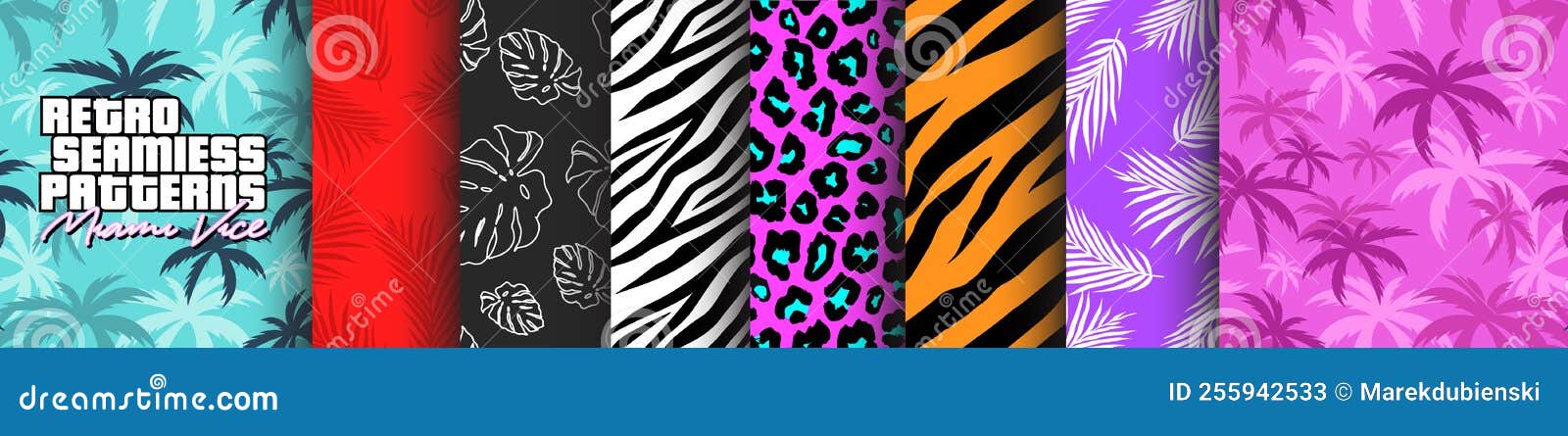 Miami Vice Retro Seamless Patterns. Palm Leaves, Monstera, Tiger, Zebra ...