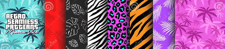 Miami Vice Retro Seamless Patterns. Palm Leaves, Monstera, Tiger, Zebra ...