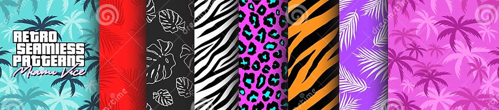 Miami Vice Retro Seamless Patterns. Palm Leaves, Monstera, Tiger, Zebra ...