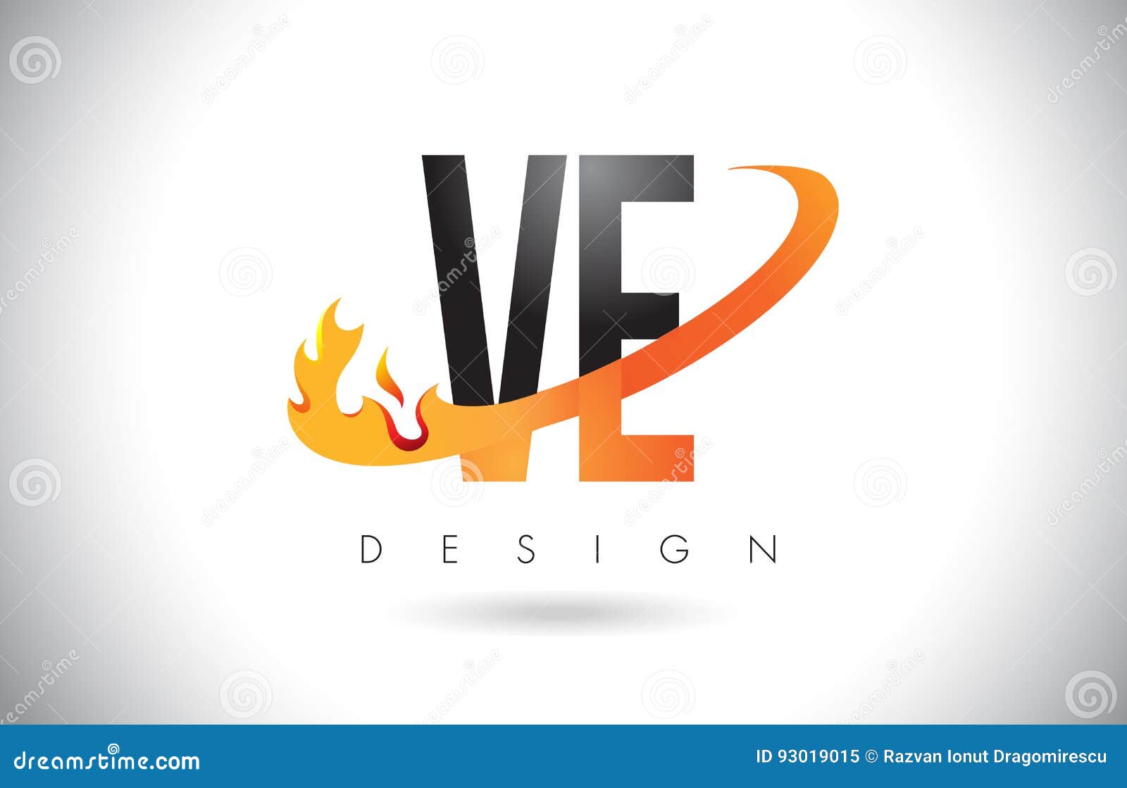 VE V E Letter Logo with Fire Flames Design and Orange Swoosh. Stock ...