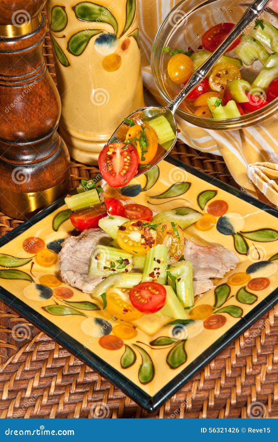 Veal Scallops with Cherry Tomatoes and Celery Stock Photo - Image of ...