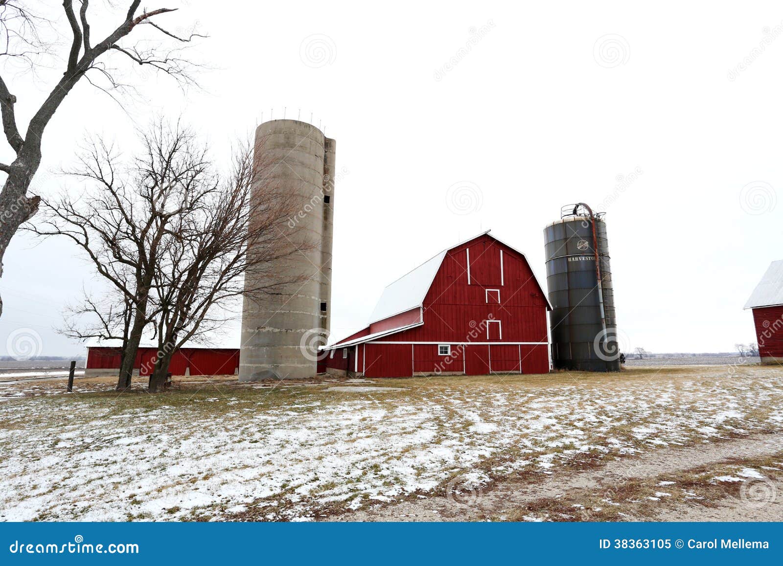 Vecchi Granaio E Silos Rossi Nell'inverno in Illinois Immagine ...