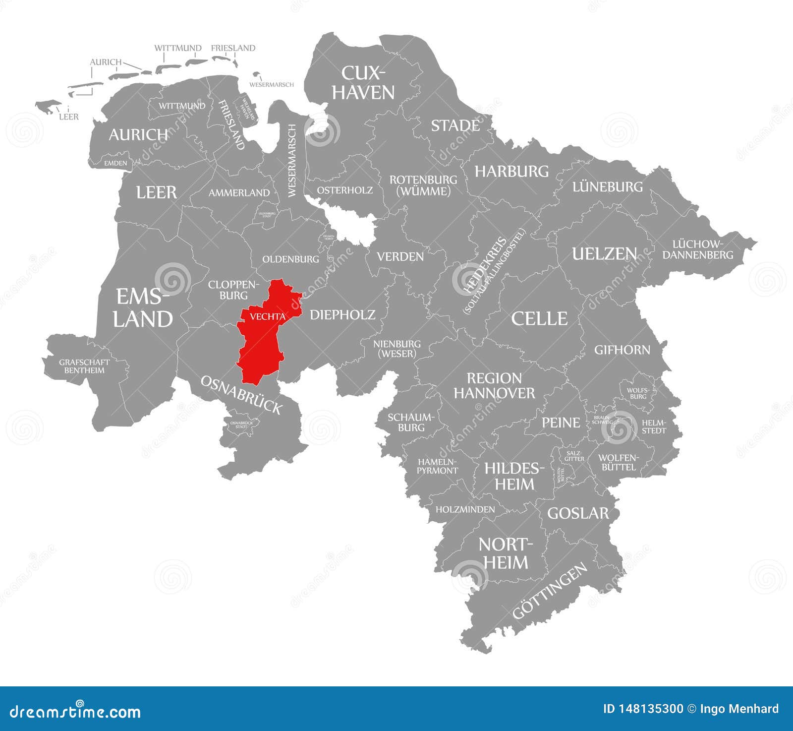 Vechta County Red Highlighted in Map of Lower Saxony Germany Stock ...