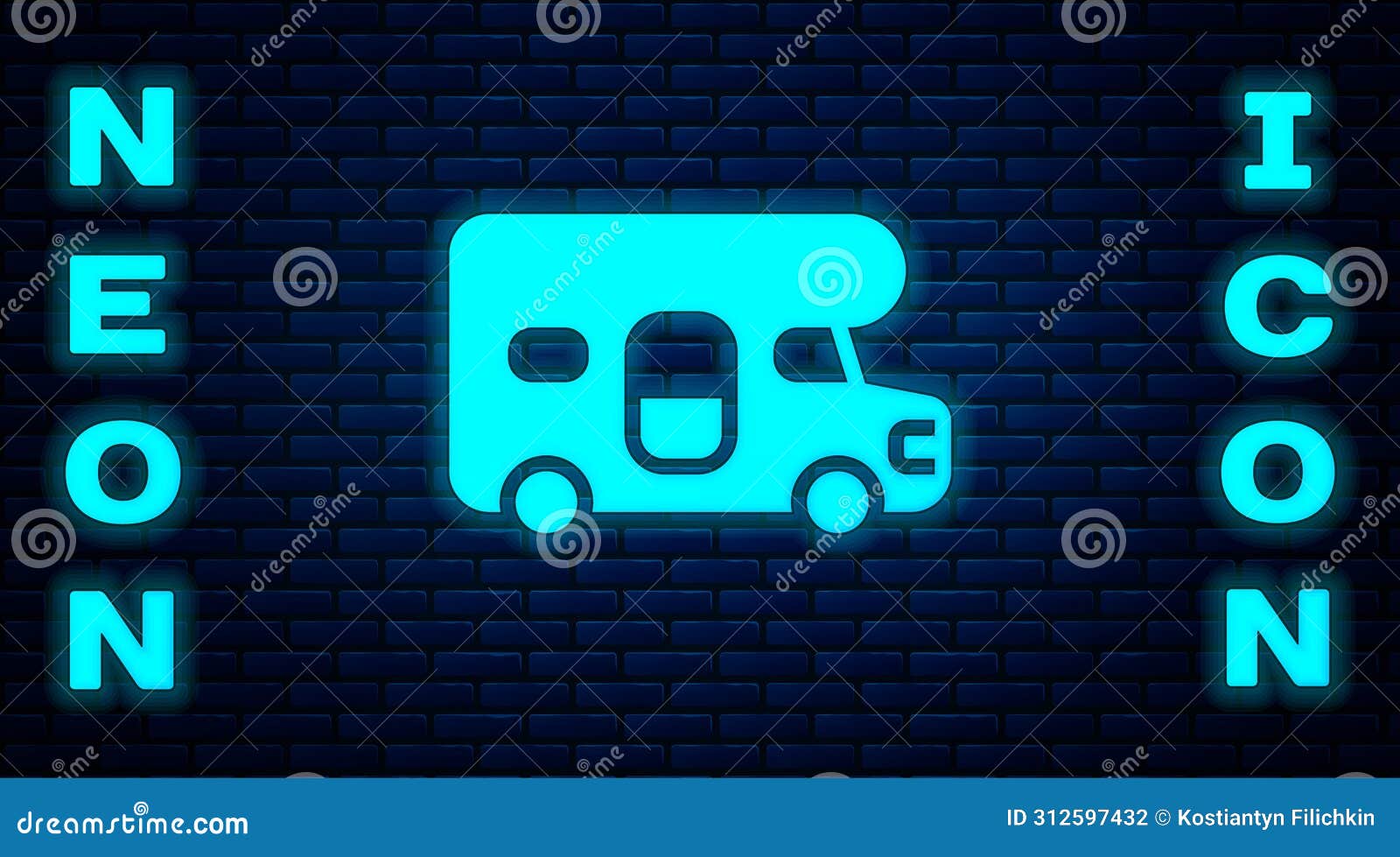 Glowing Neon RV Motorhome Vehicle Icon Isolated on Brick Wall ...