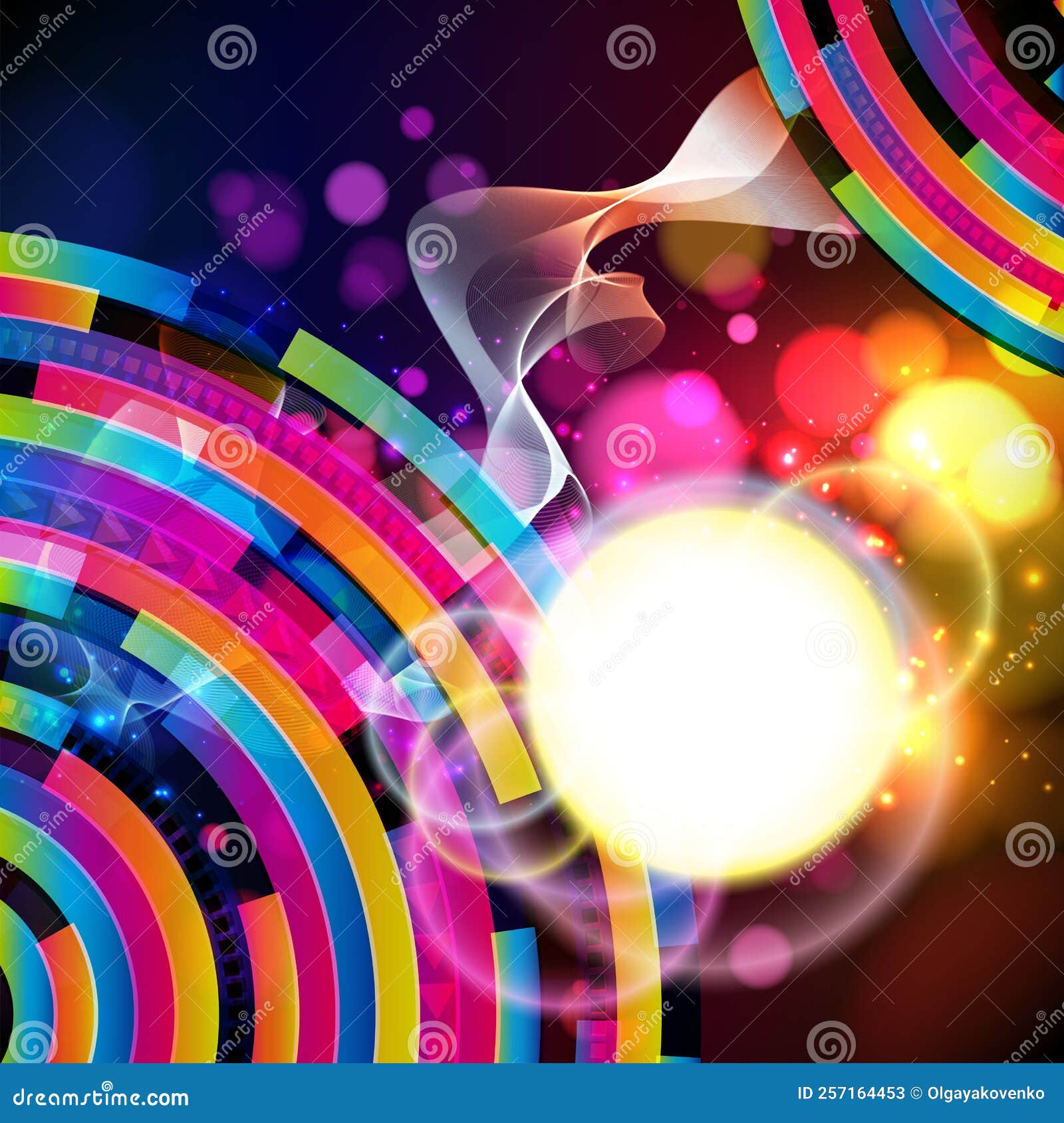 Abstract Background. Colorful Techno Pattern on a Dark. Sun and Thin ...