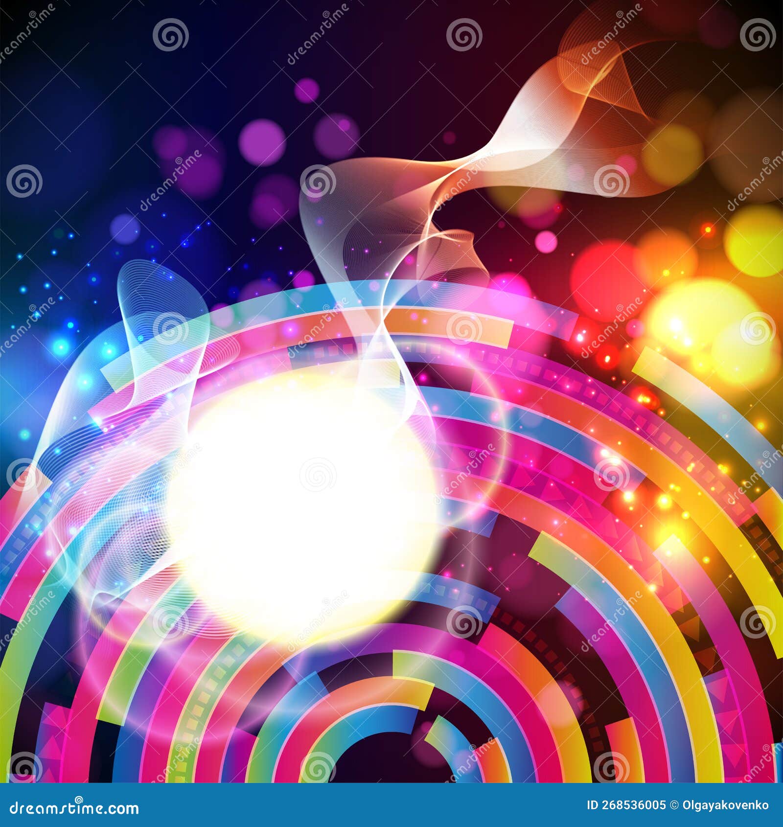 Abstract Background. Colorful Techno Pattern on a Dark. Sun and Thin ...