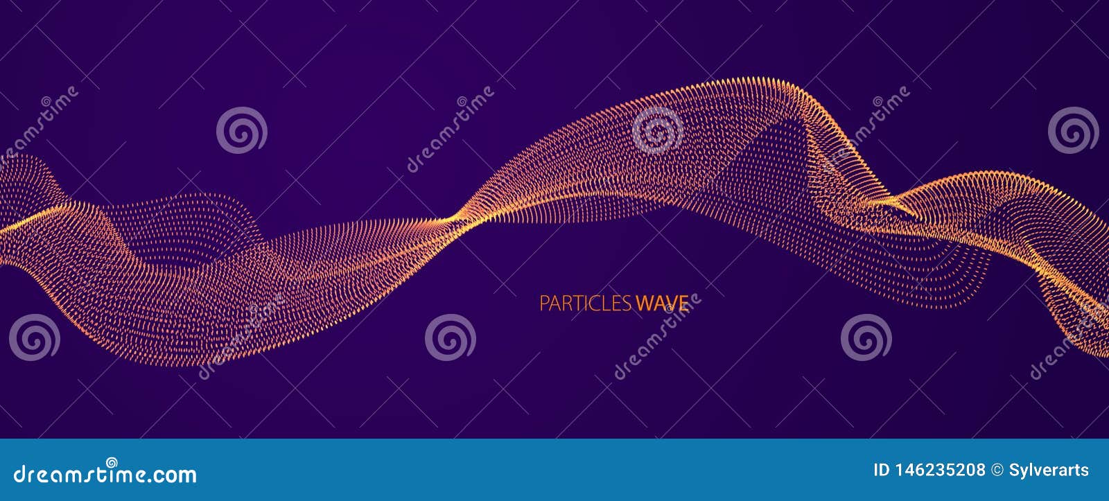 Vector Abstract Background with Wave of Flowing Particles Over Dark, Smooth Curve Shape Lines ...