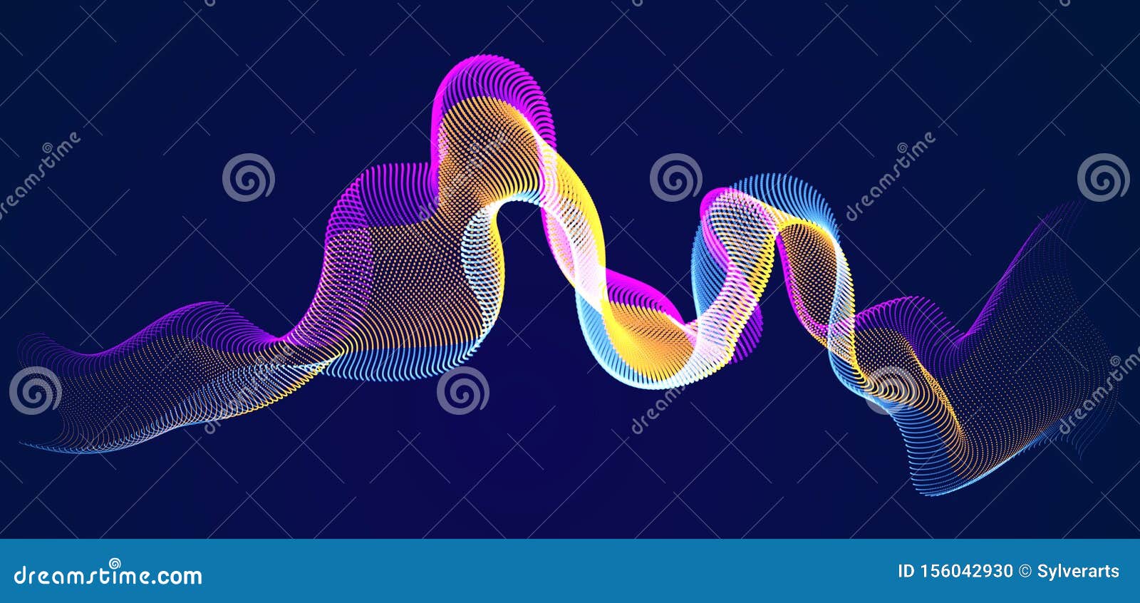 Vector Abstract Background with Wave of Flowing Particles Over Dark, Smooth Curve Shape Lines ...