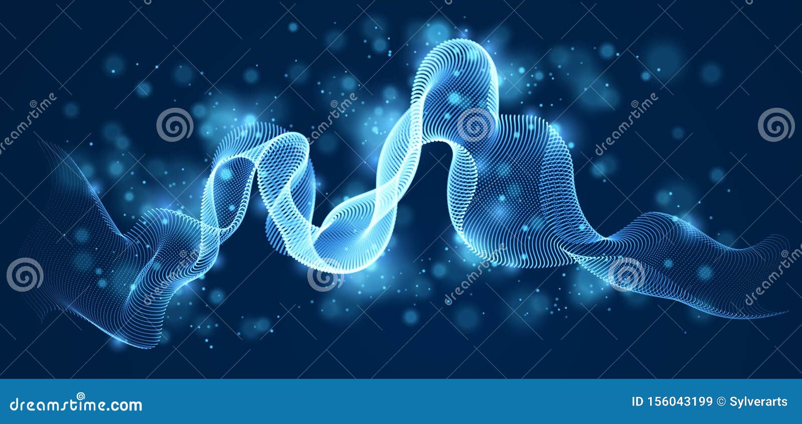 Vector Abstract Background with Wave of Flowing Particles Over Dark, Smooth Curve Shape Lines ...