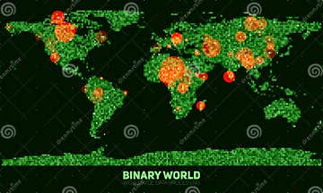 Vector Abstract Binary World Map. Continents Constructed from Green ...