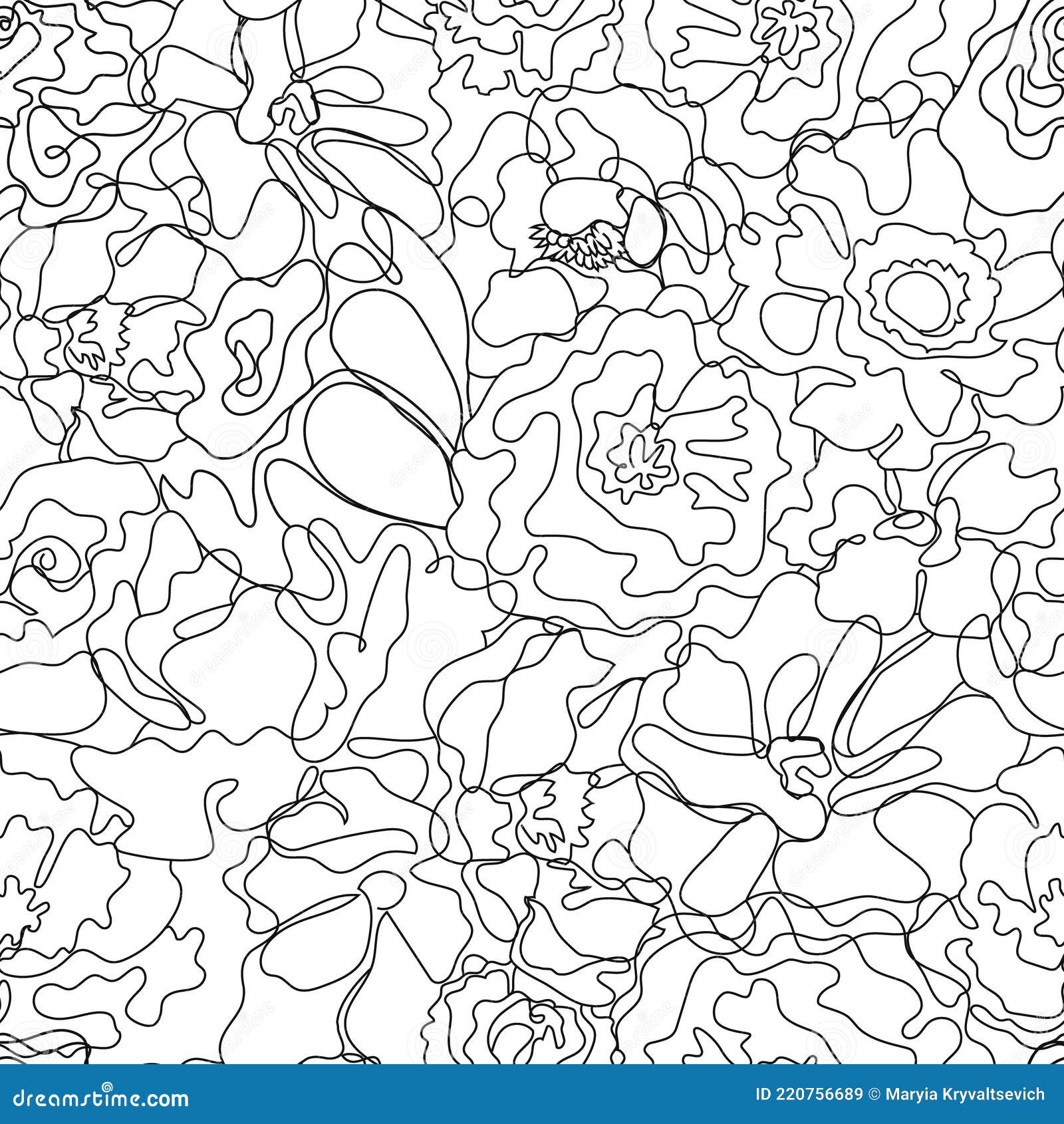 Vector Abstract Continuous Line Seamless Floral Pattern. Hand Drawn ...