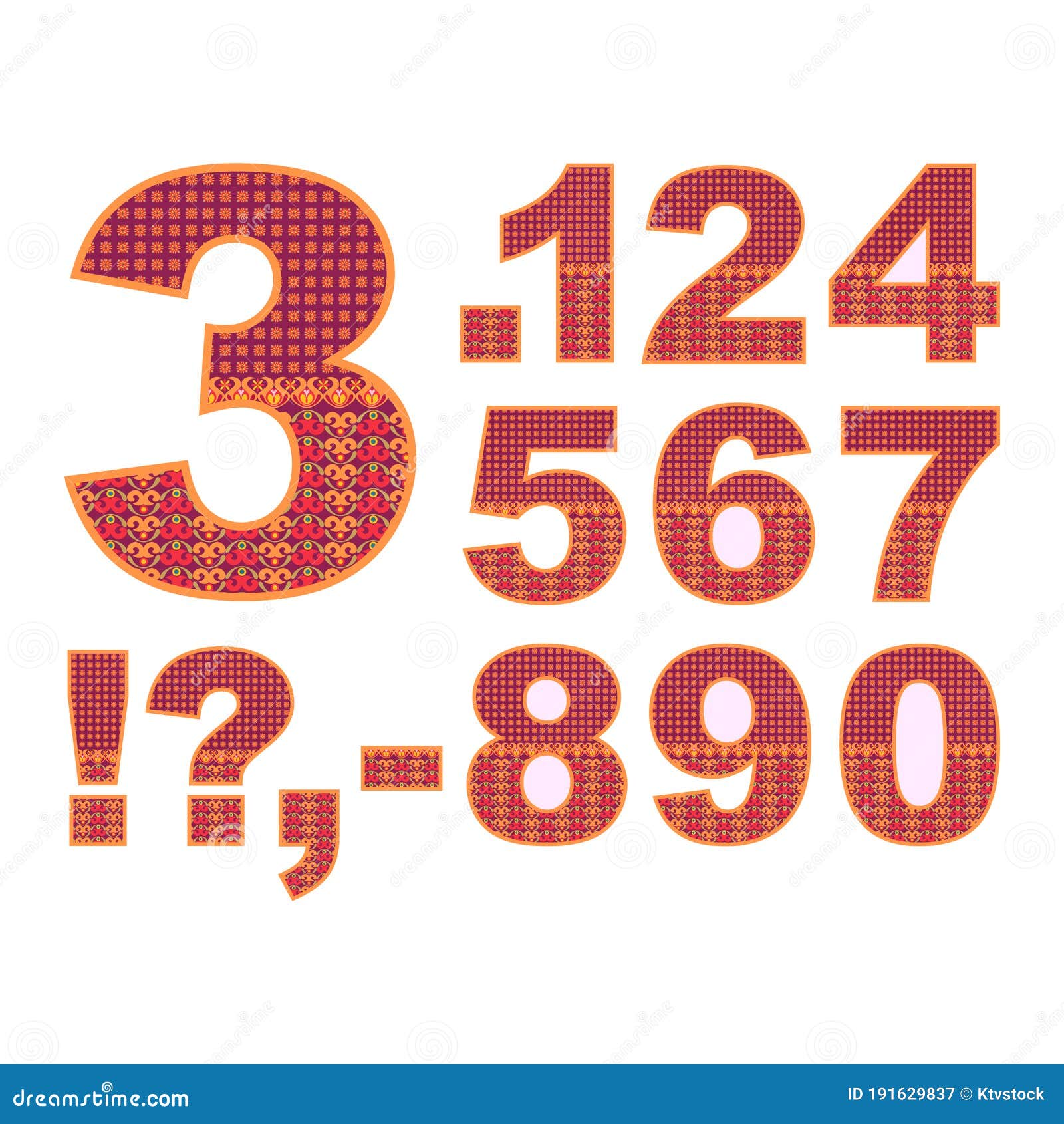 Vector Abstract Digits Set with Ornamental Pattern. Cartoon Signs Stock ...