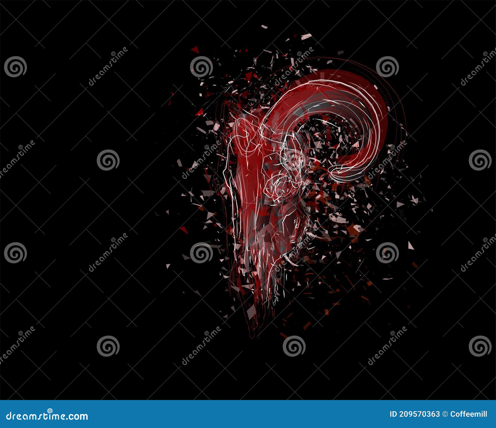 Vector Abstract Ram Skull Made of Red and White Particles on Black ...